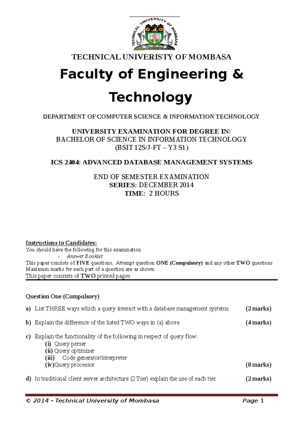 Advanced Database Management Systems ICS 2404 - TECHNICAL UNIVERISTY OF MOMBASA Faculty of - Studocu