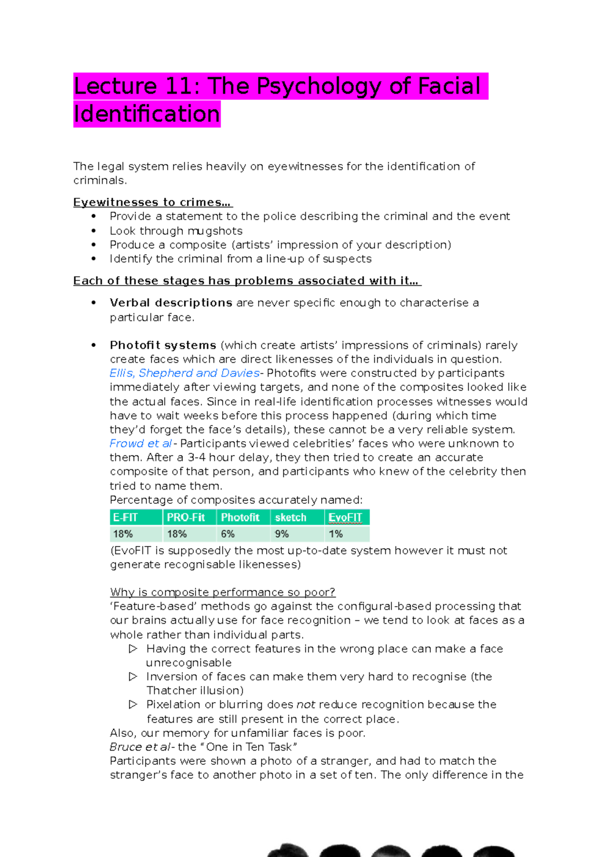 Lecture 11- The Psychology of Facial Identification - Lecture 11: The ...