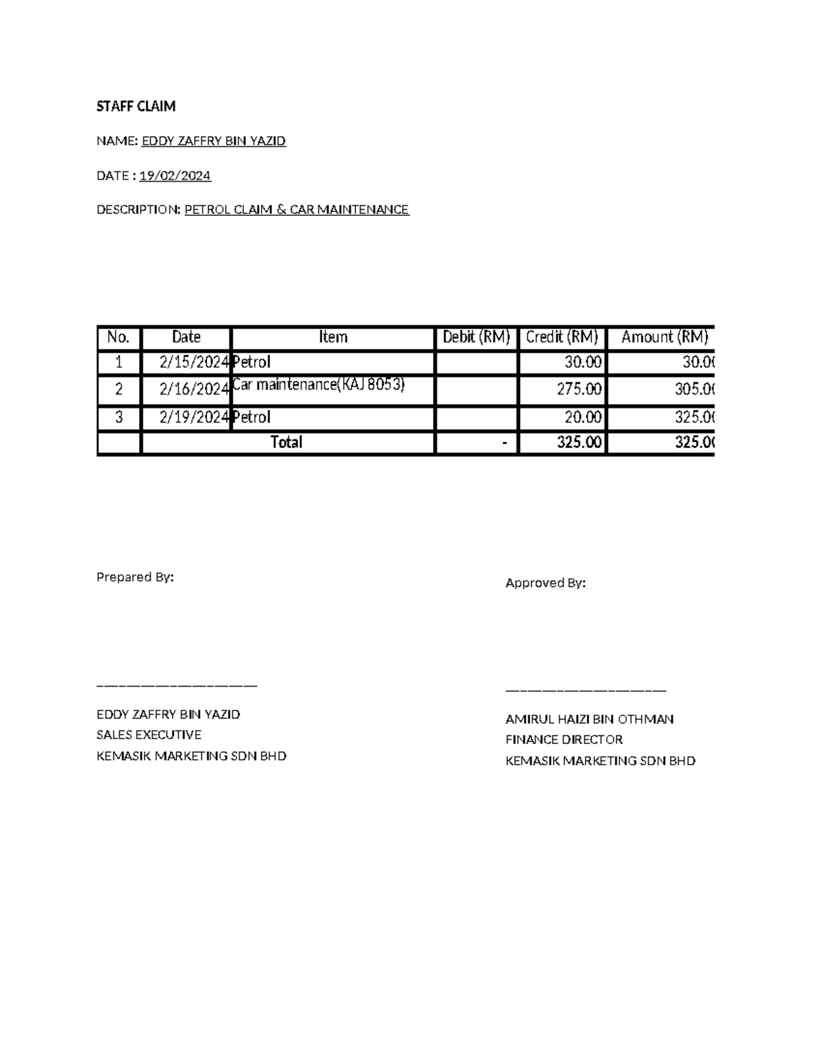 Staff Claim - STAFF CLAIM NAME: EDDY ZAFFRY BIN YAZID DATE : 19/02 ...