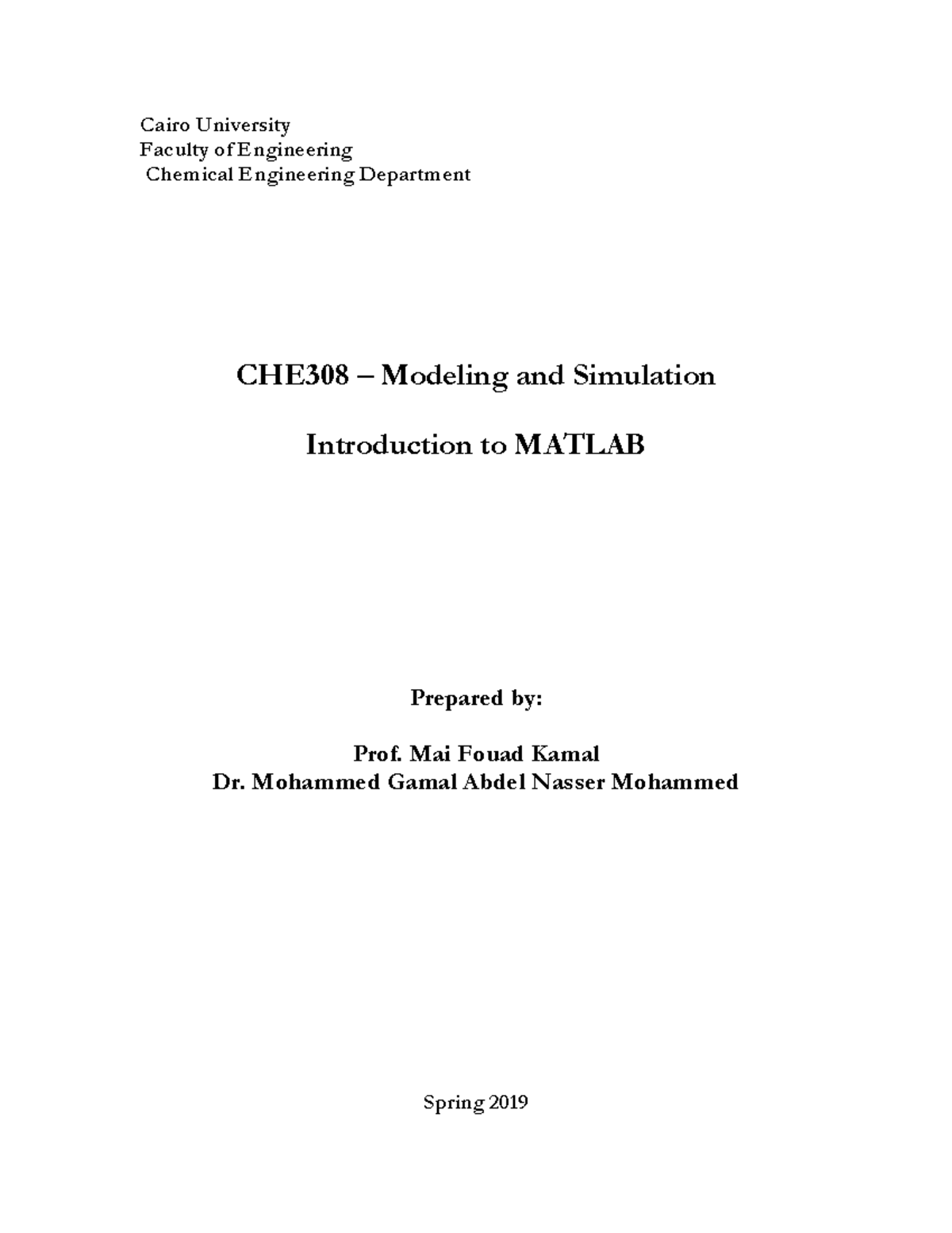 MATLAB in applications to chemical engineering - Cairo University ...