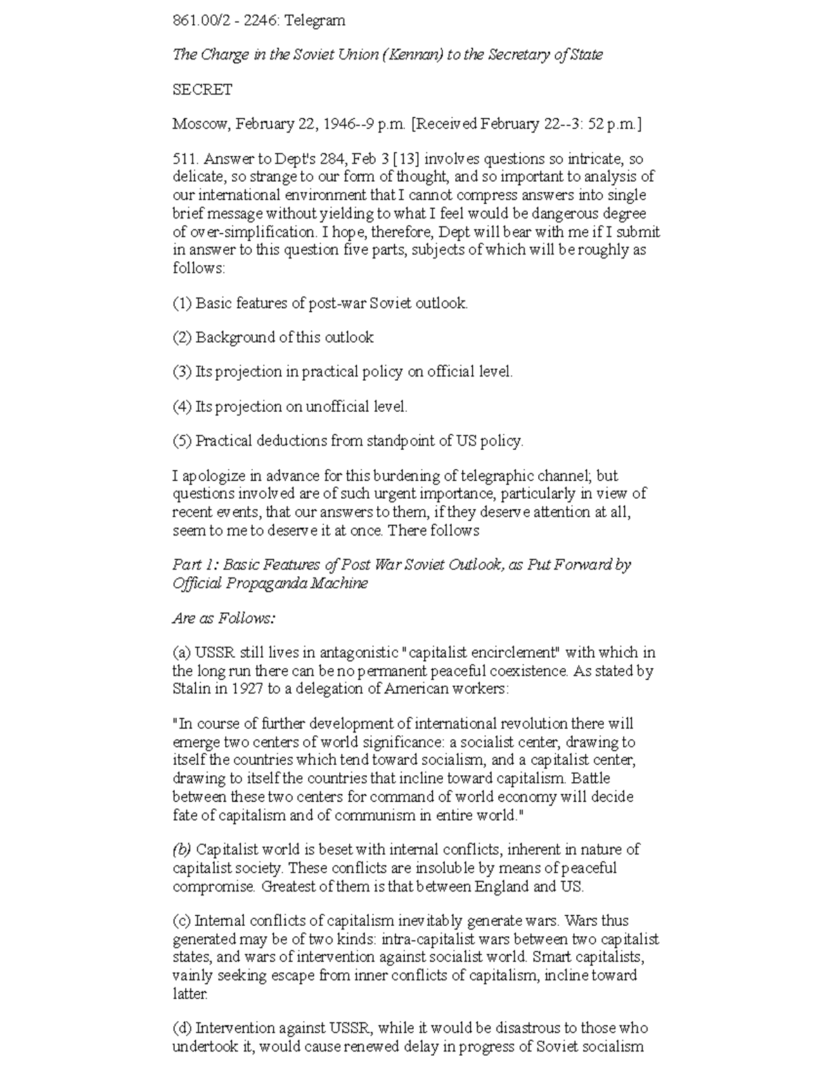 George Kennan's Long Telegram - 861/2 - 2246: Telegram The Charge in ...