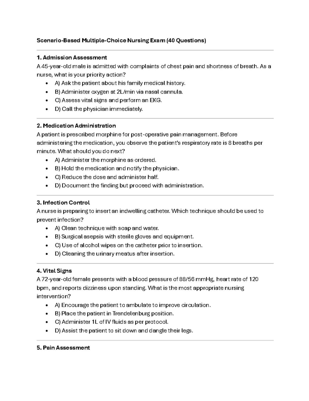 Foundations Final exam - Scenario-Based Multiple-Choice Nursing Exam (40 Questions) 1. Admission ...