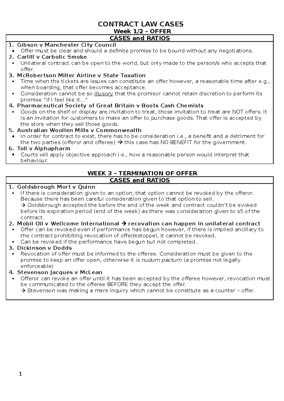 Contracts cases notes - LLB1120 - UOW - Studocu