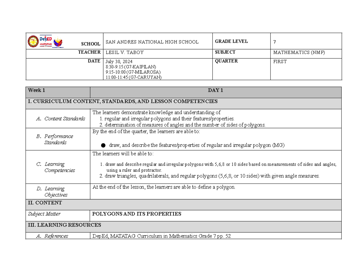 DLP Math 7 Day 1 (NMP) - The document contains a daily lesson plan for ...