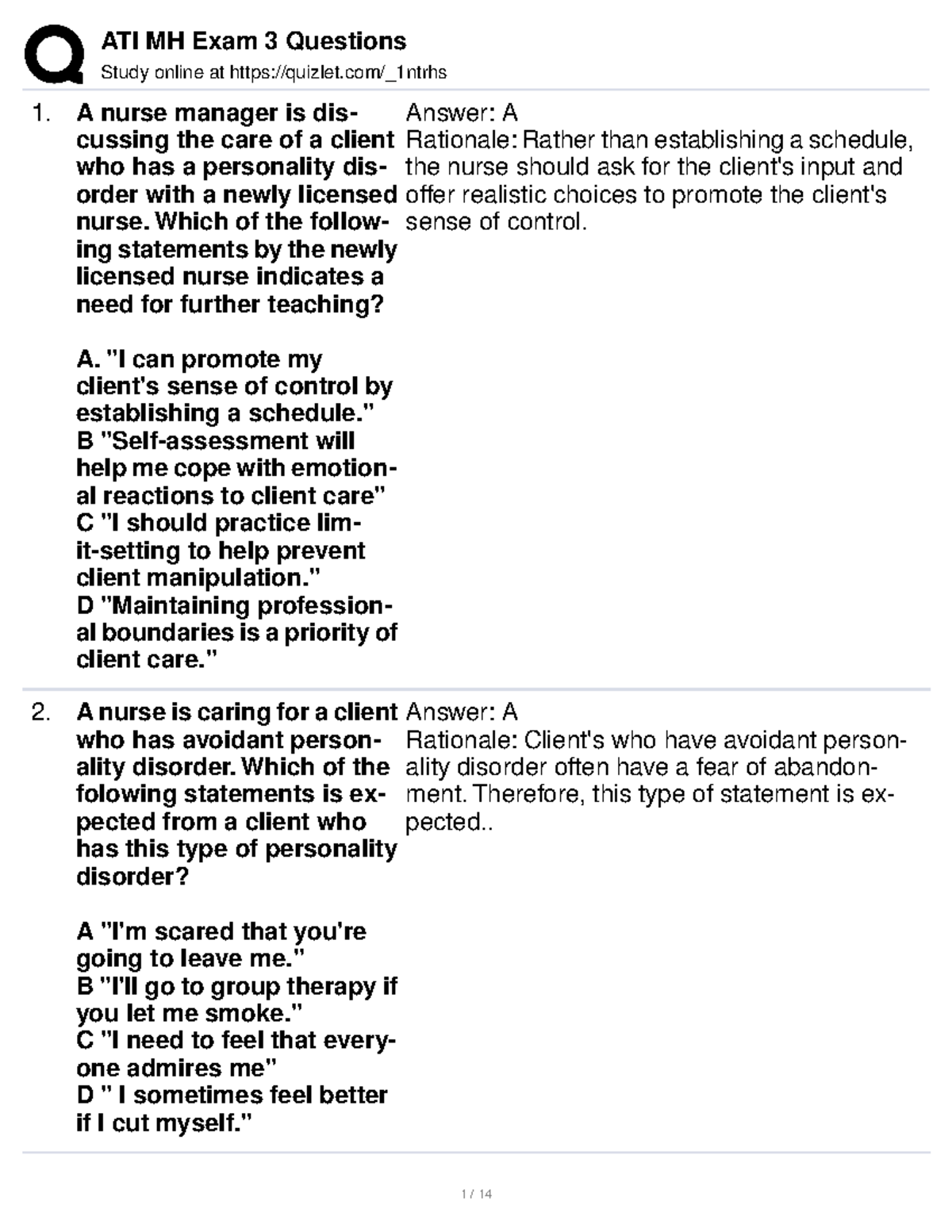 ATI MH Exam 3 - this is the cheat sheet code - Study online at quizlet ...