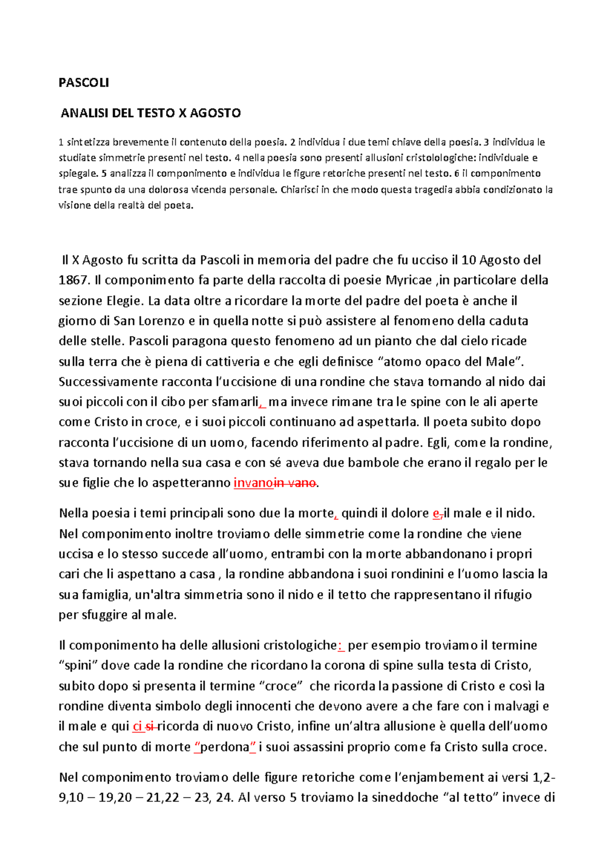 X Agosto - spiegazione - PASCOLI ANALISI DEL TESTO X AGOSTO 1 ...