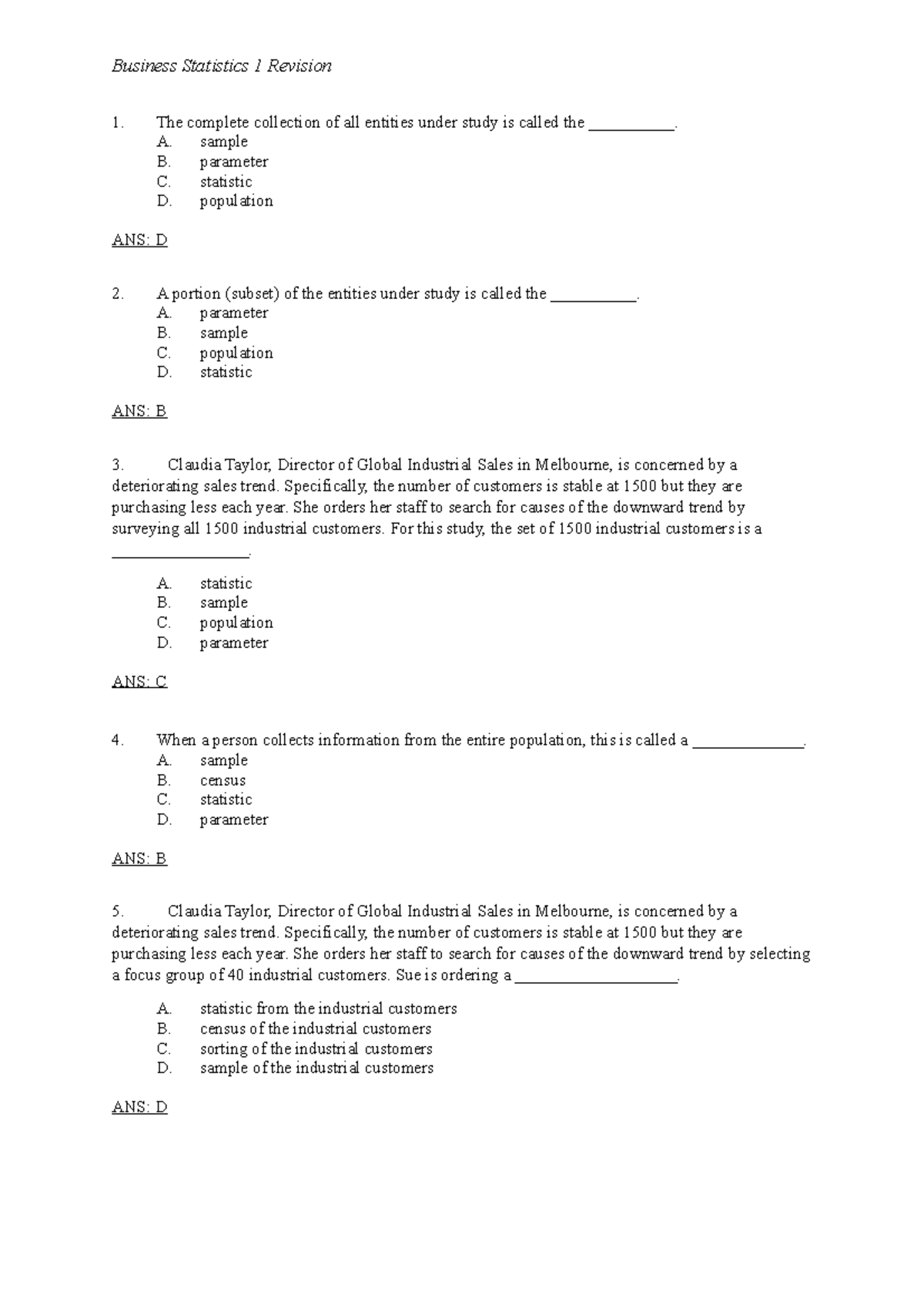 Sample/practice exam 2018, questions and answers - Business Statistics ...