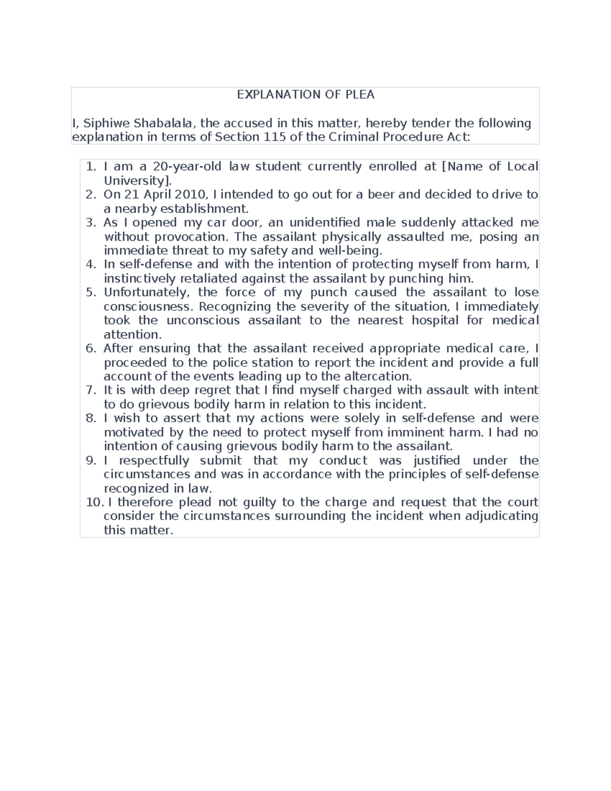 Explanation OF PLEA - PLEA - EXPLANATION OF PLEA I, Siphiwe Shabalala ...