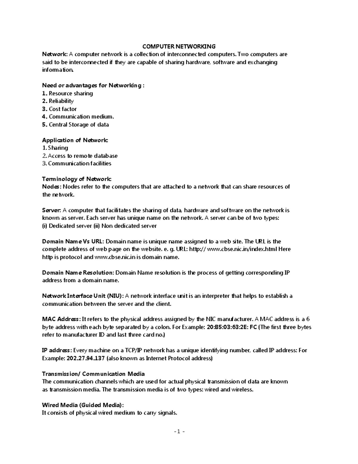 Summary OF Computer Networking - COMPUTER NETWORKING Network: A computer network is a collection ...