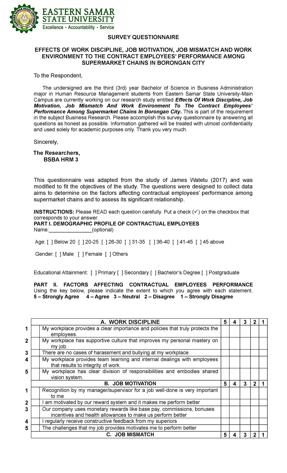 Nyeyeneyeye - CJFCFJCN - SURVEY QUESTIONNAIRE EFFECTS OF WORK DISCIPLINE, JOB MOTIVATION, JOB ...
