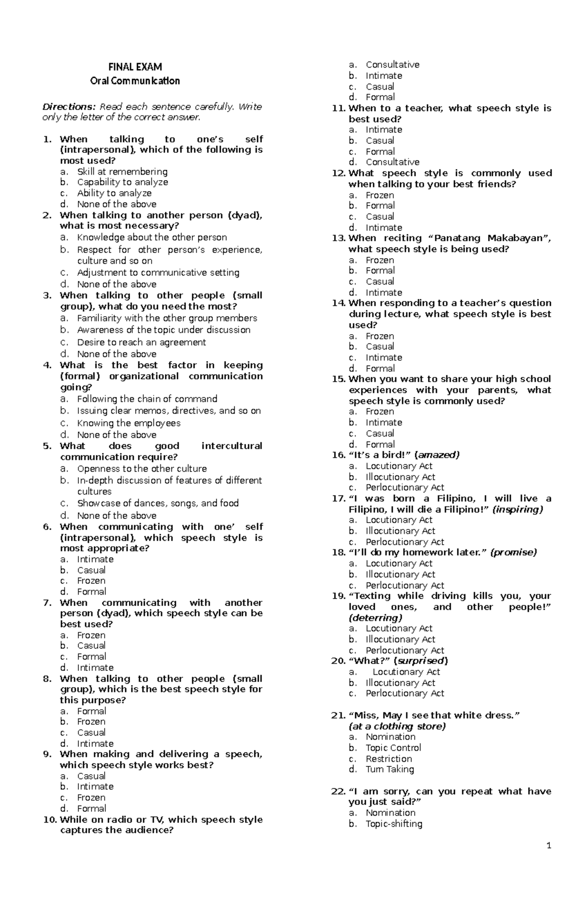 Final EXAM in Oral Communication - FINAL EXAM Oral Communication Directions: Read each sentence ...