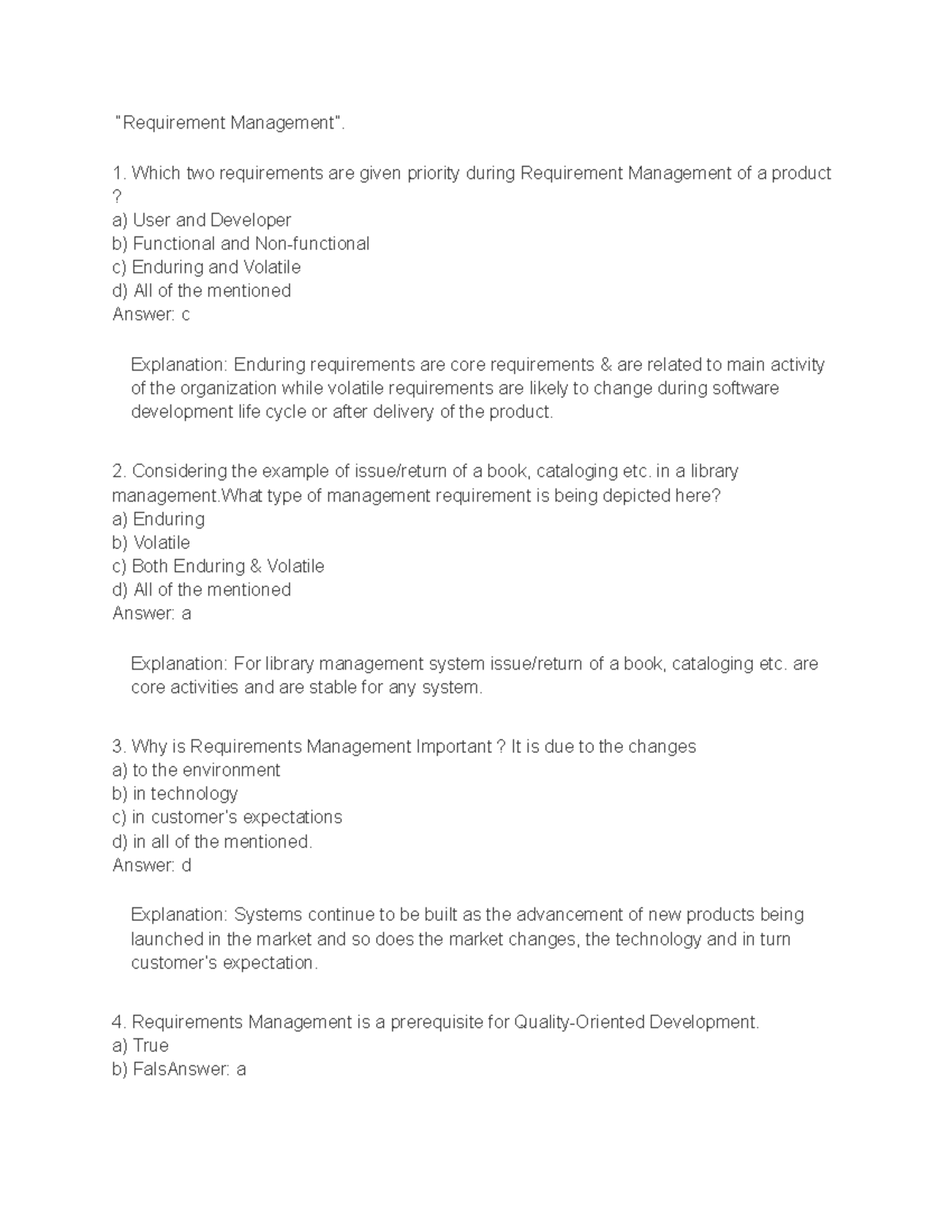 Sotware Engineering (27) - “Requirement Management”. Which two ...