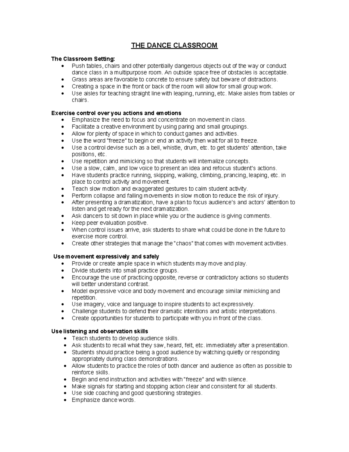 Lecture note pdf week 1 - THE DANCE CLASSROOM The Classroom Setting ...