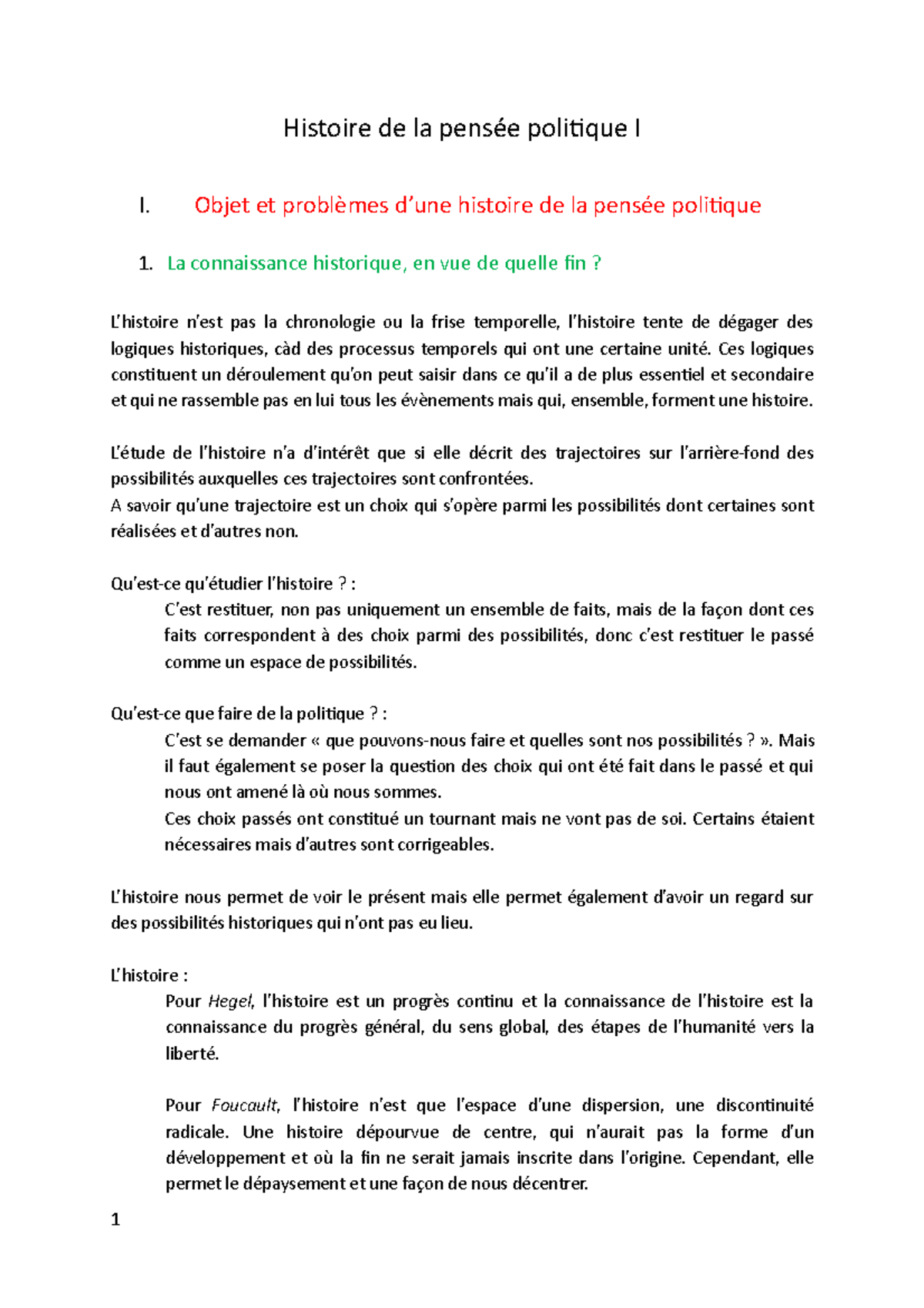 HPP 1 - Synthèse - Histoire de la pensée politique I I. Objet et ...