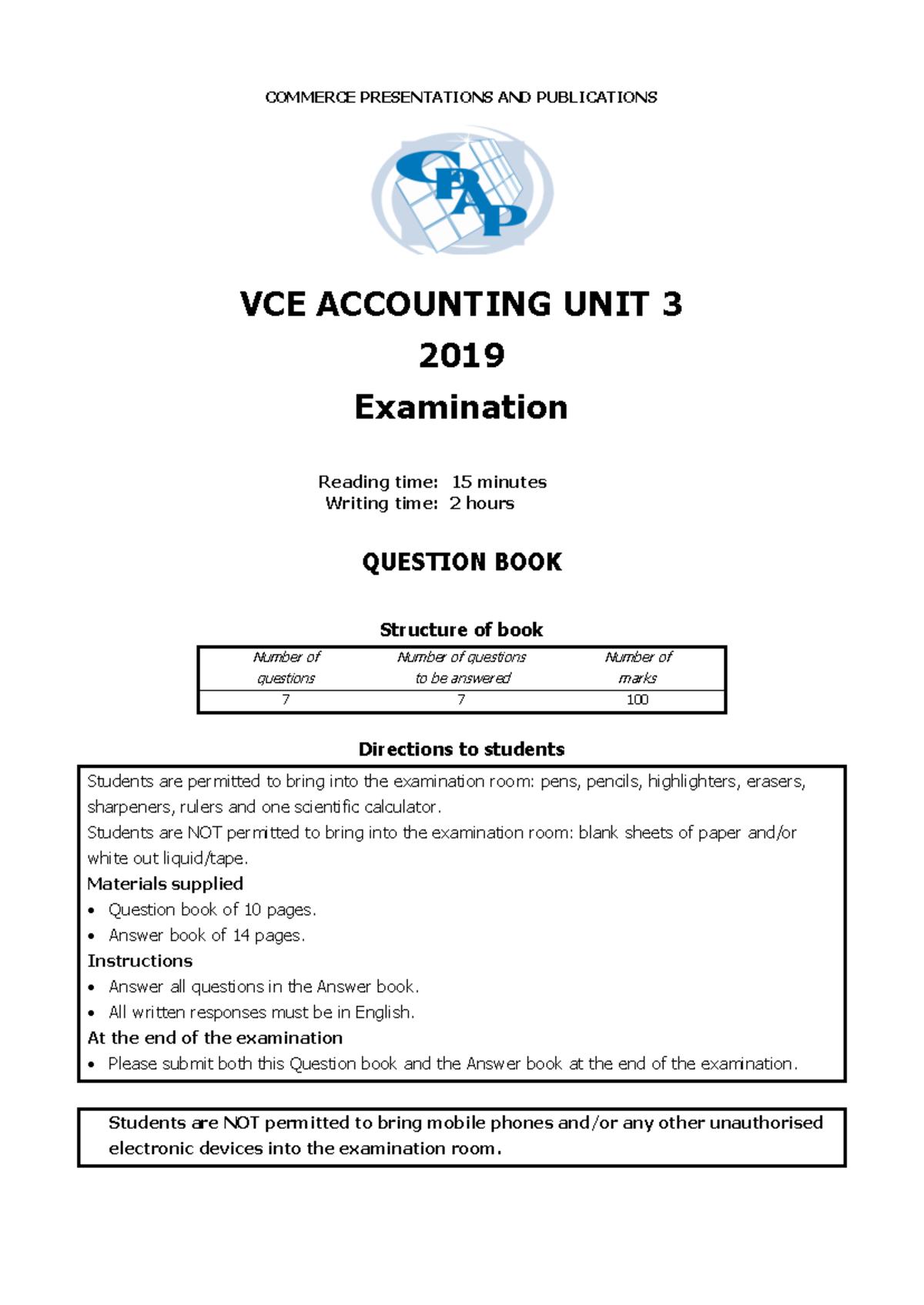 Cpap Accounting Unit 3 Practice Exam 2019 Question Book Copy Commerce
