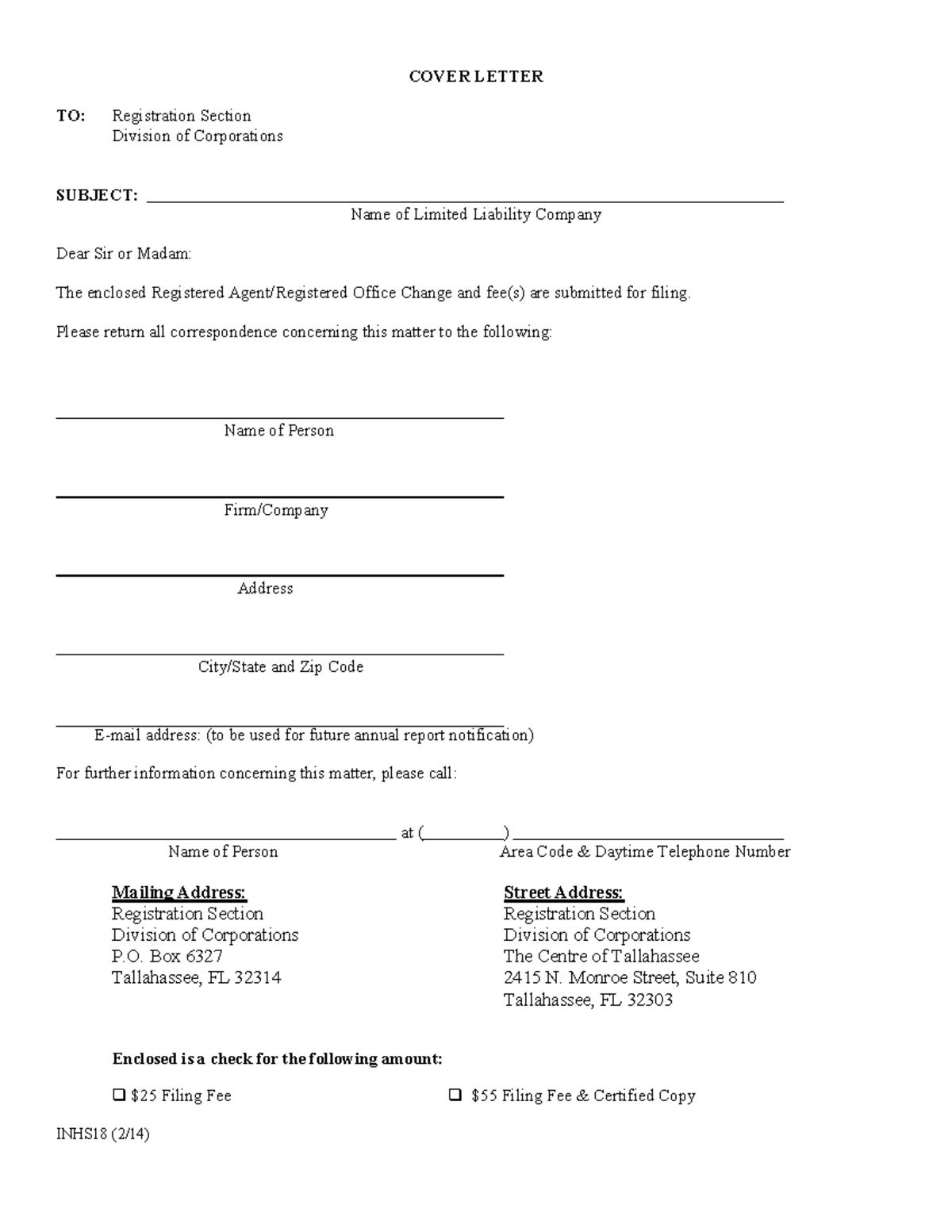 Changes registered agent - COVER LETTER TO: Registration Section ...