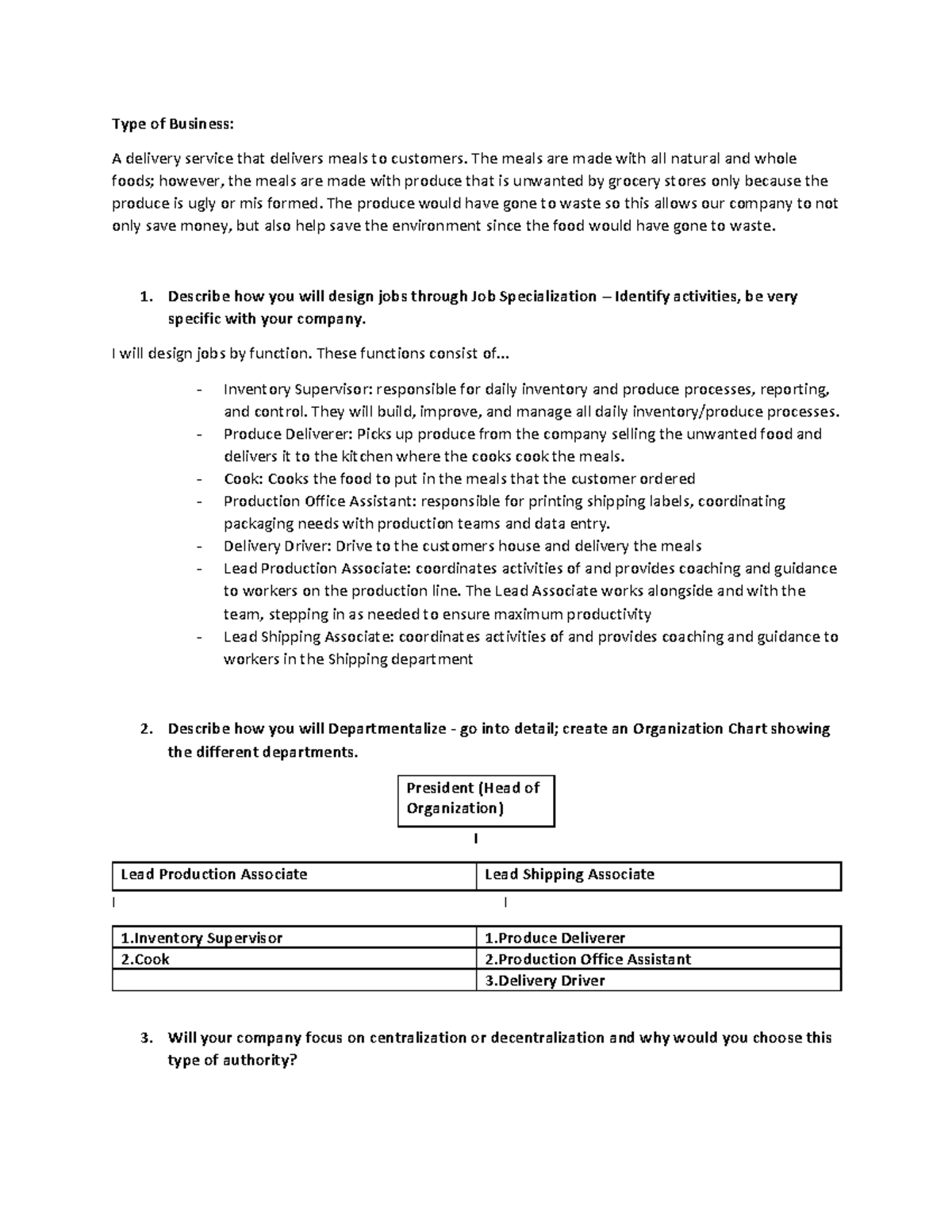 Business Assignment 3 - Type of Business: A delivery service that ...