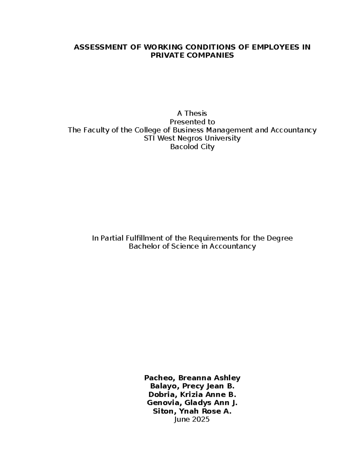Group 03 Assessment of Working Conditions of Employees in Private ...