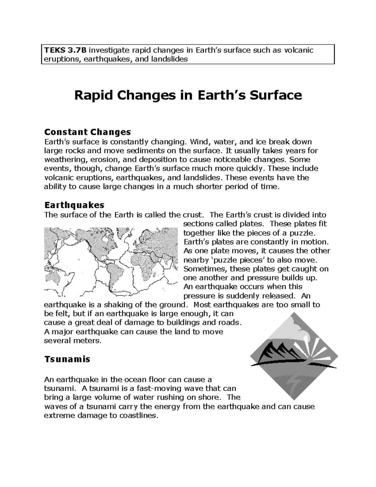 Rapid changes reading passage - TEKS 3 investigate rapid changes in ...
