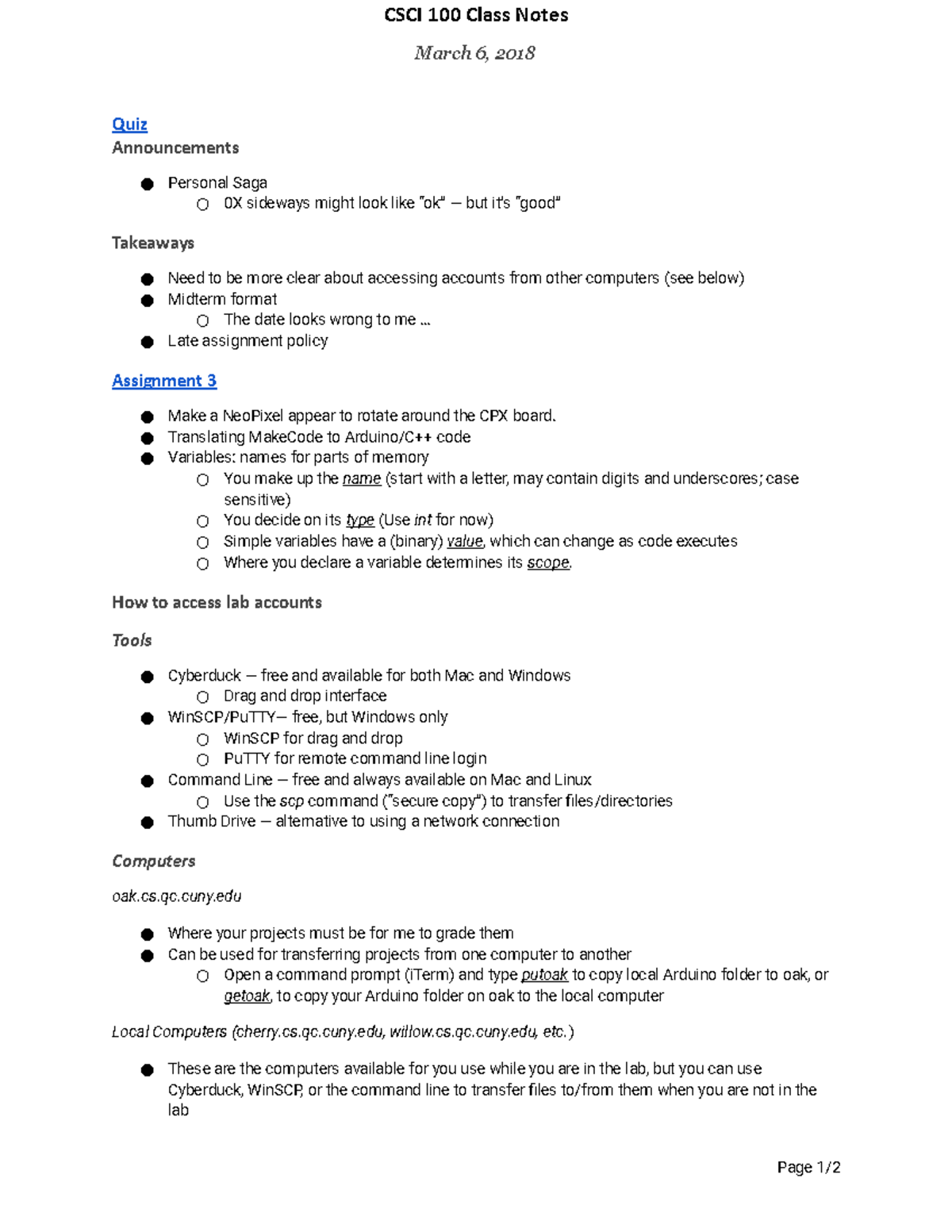2018-03-06 Class Notes - CSCI 100 Class Notes March 6, 2018 Quiz ...
