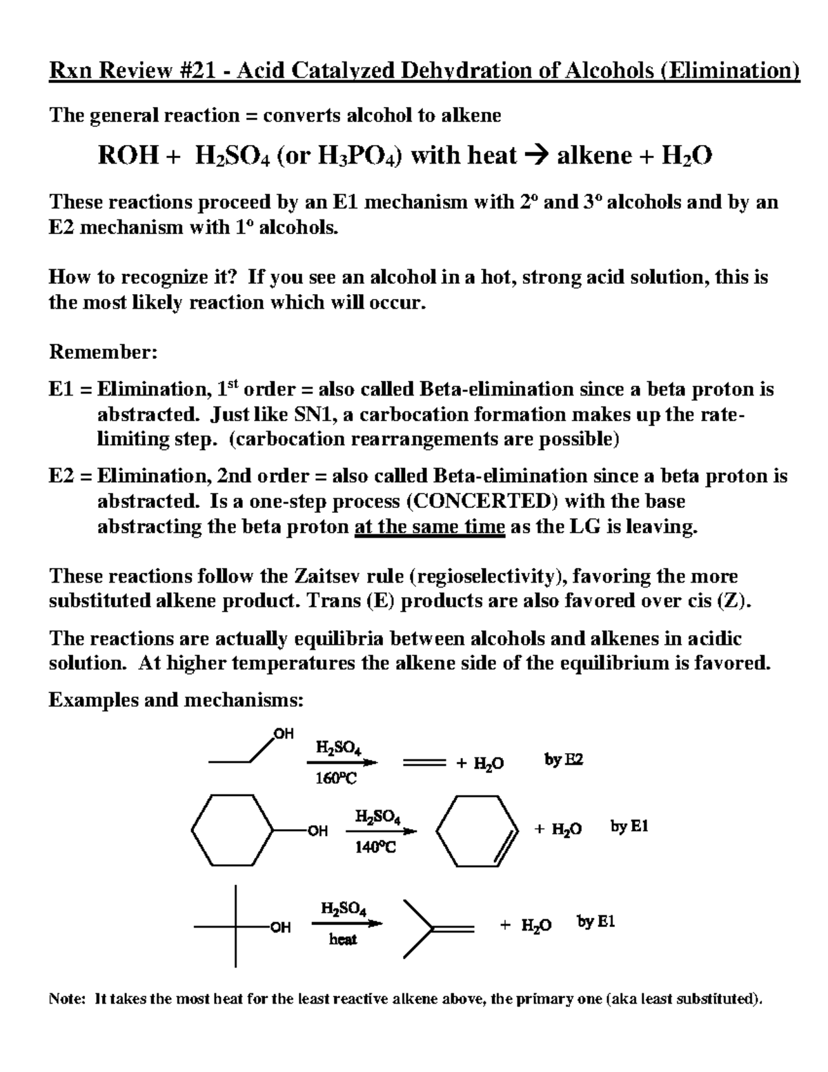 Reaction Review 21 - Acid-Catalyzed Dehydration Elimination of Alcohols ...