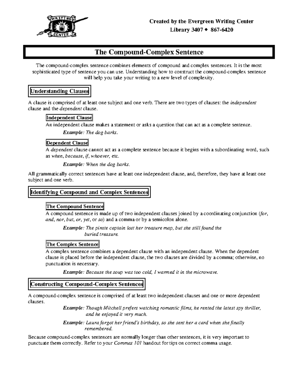 Evergreen Writing Center Library 3407: The Sentence Clauses Compound ...