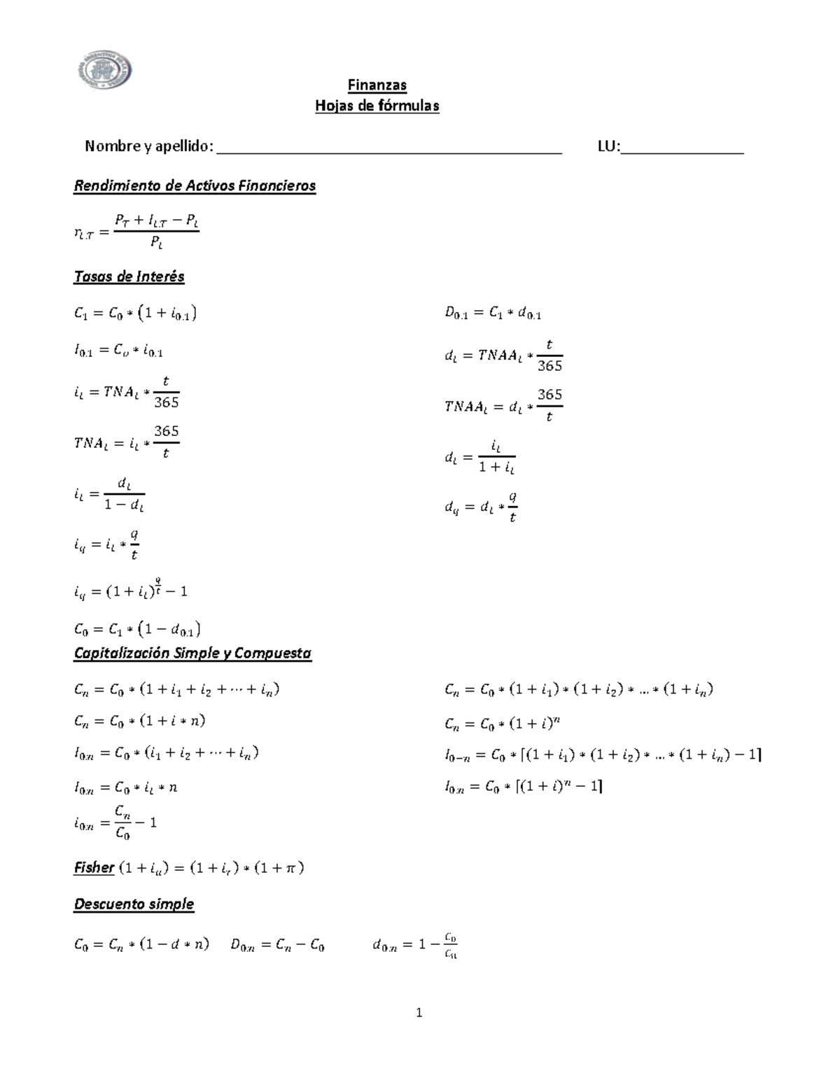 Formulas Finanzas - Warning: TT: undefined function: 32 Finanzas Hojas de fórmulas Nombre y ...