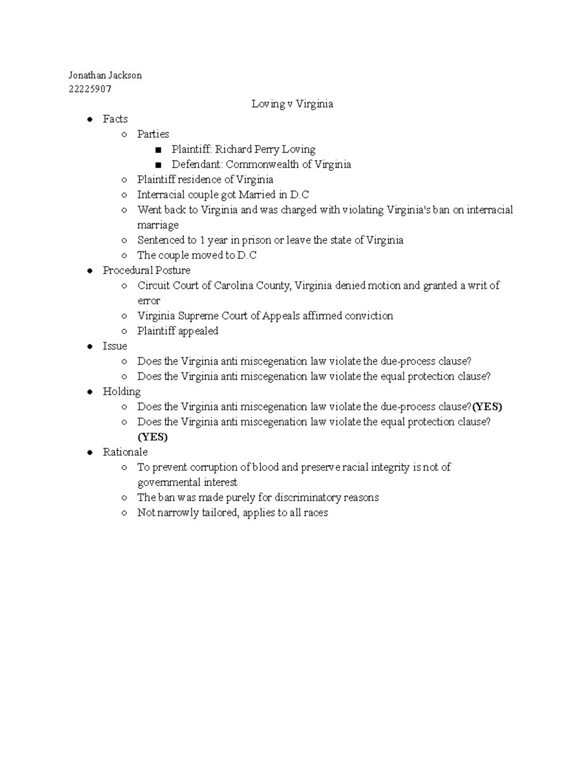 Mc Loving v. Virgins - Case Brief - Jonathan Jackson 22225907 Loving v ...