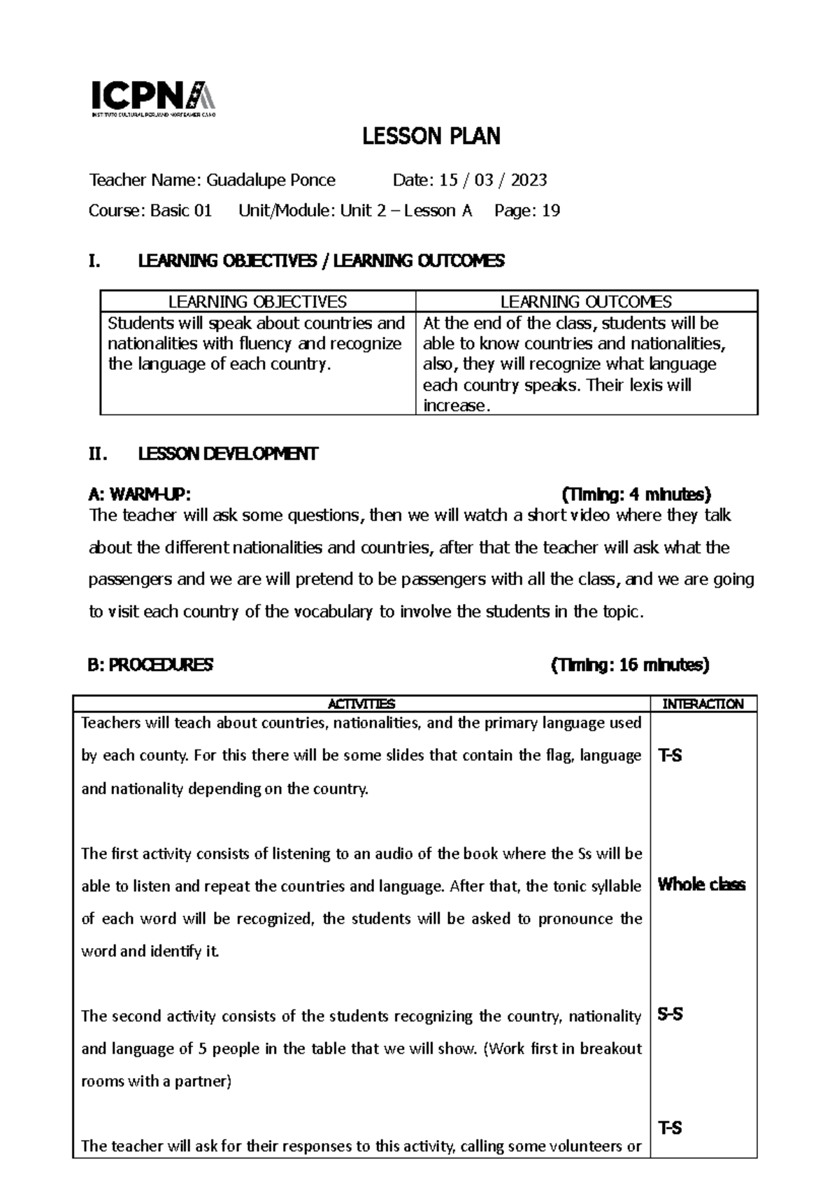Lesson PLAN Format 2013 CEA Model - LESSON PLAN Teacher Name: Guadalupe ...