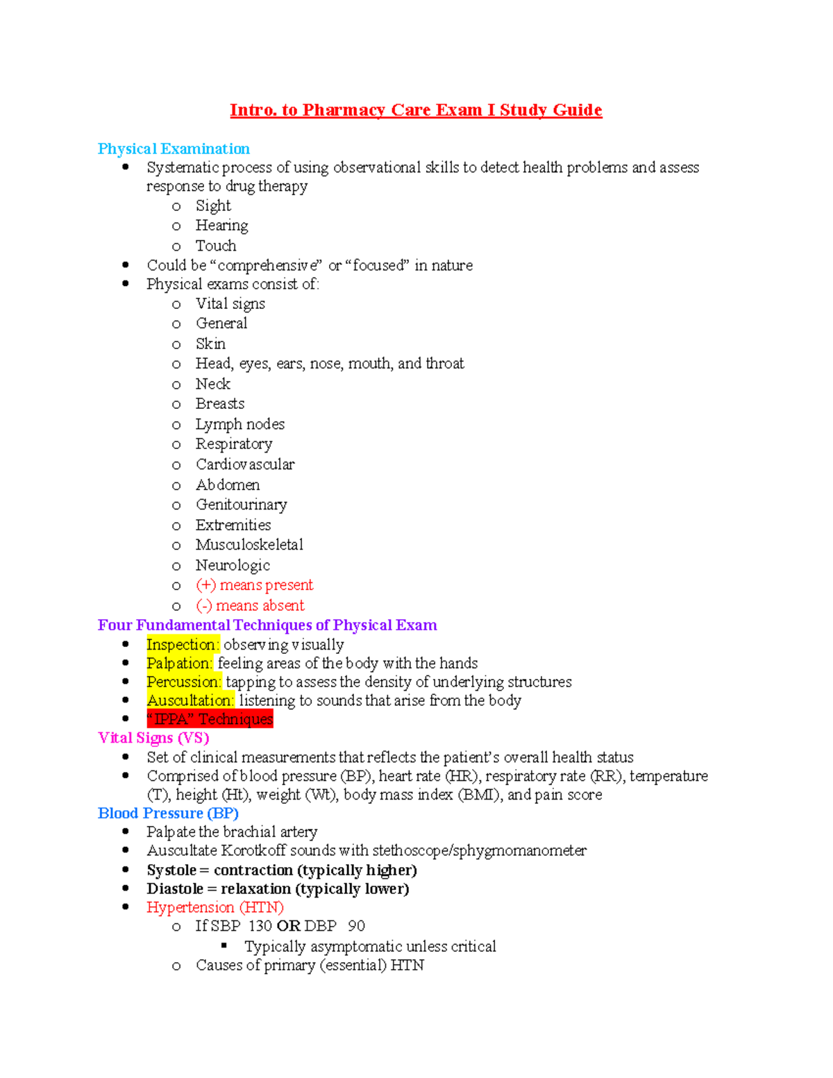 Intro to Pharm Care Exam 1 Study Guide - Intro. to Pharmacy Care Exam I ...