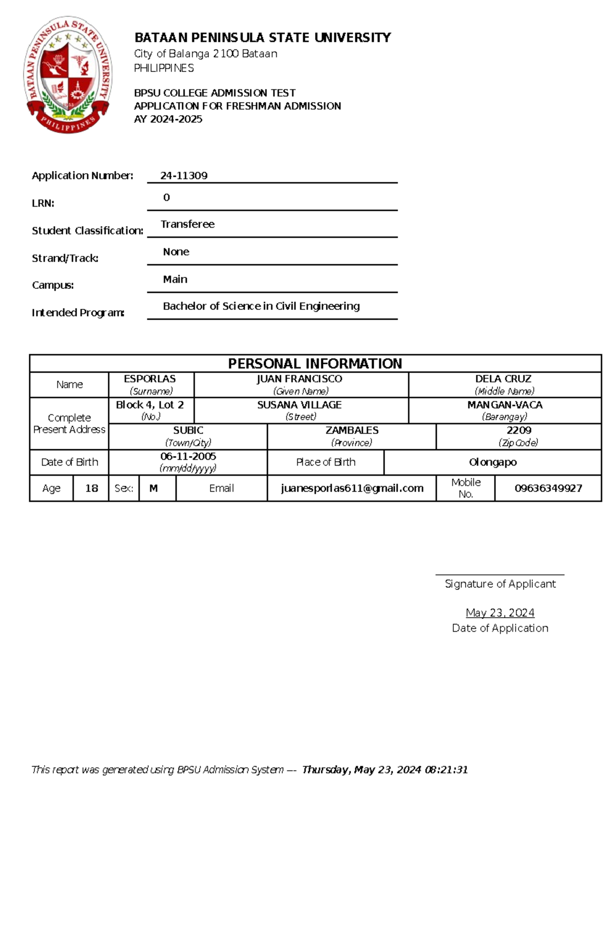 24-11309 BPSU-OLApp Form - BATAAN PENINSULA STATE UNIVERSITY City of ...