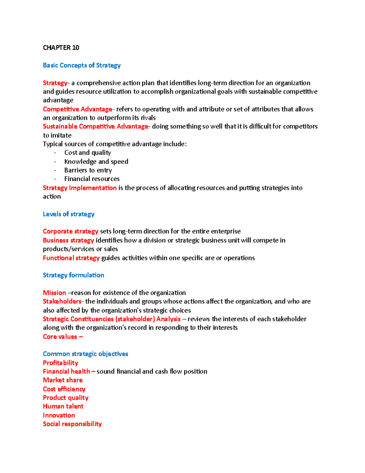 Chapter 10 notes - CHAPTER 10 Basic Concepts of Strategy a ...
