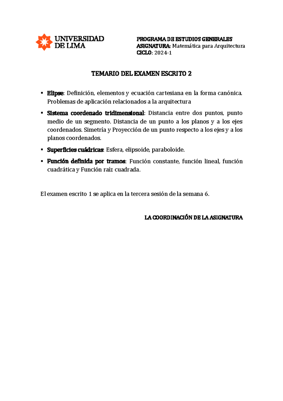 2. Temario Exam2 Mate.Arquitectura 2024-1 - TEMARIO DEL EXAMEN ESCRITO 2 Elipse: Definición ...