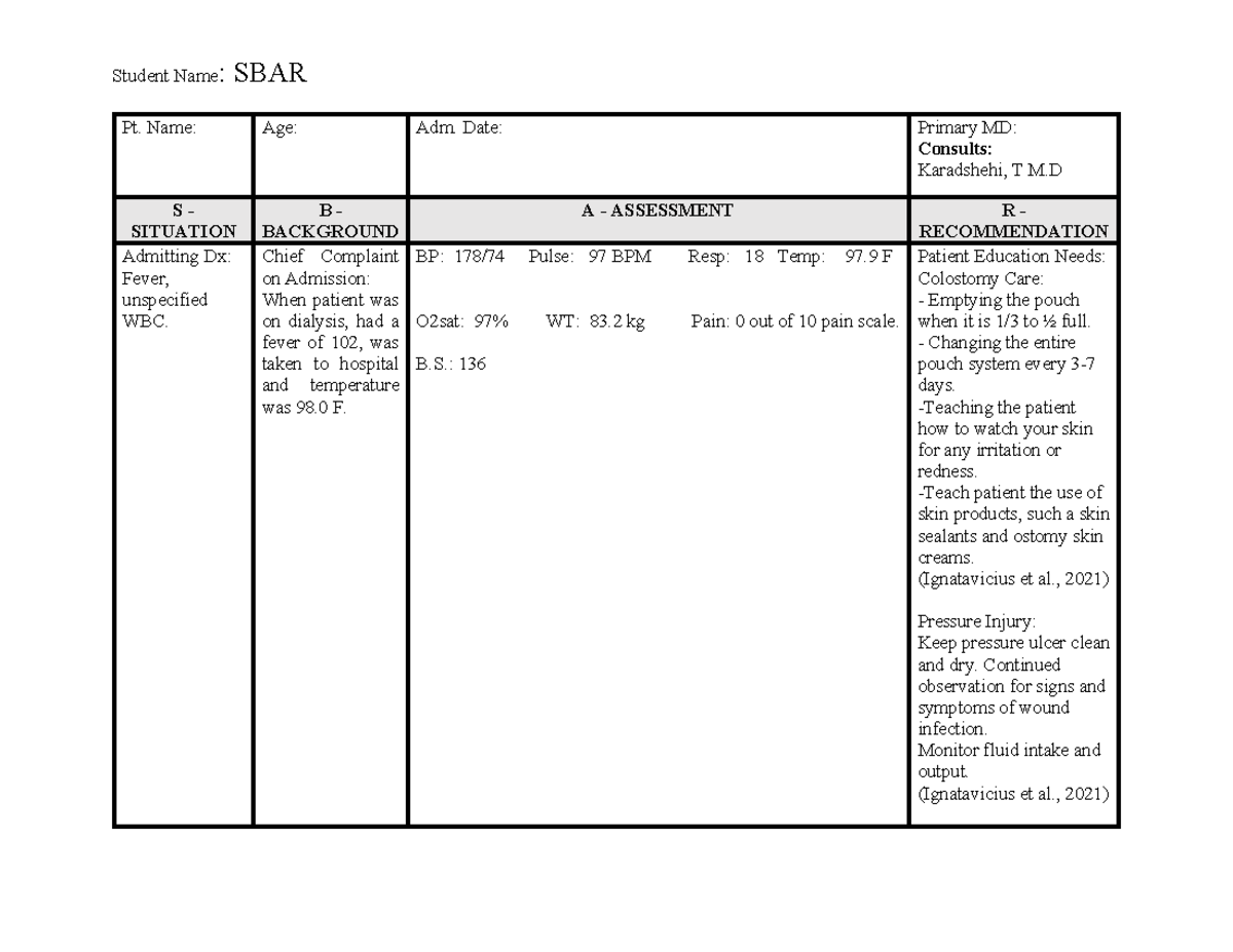 SBAR hand in - SBAR assignment MS - Pt. Name: Age: Adm. Date: Primary ...