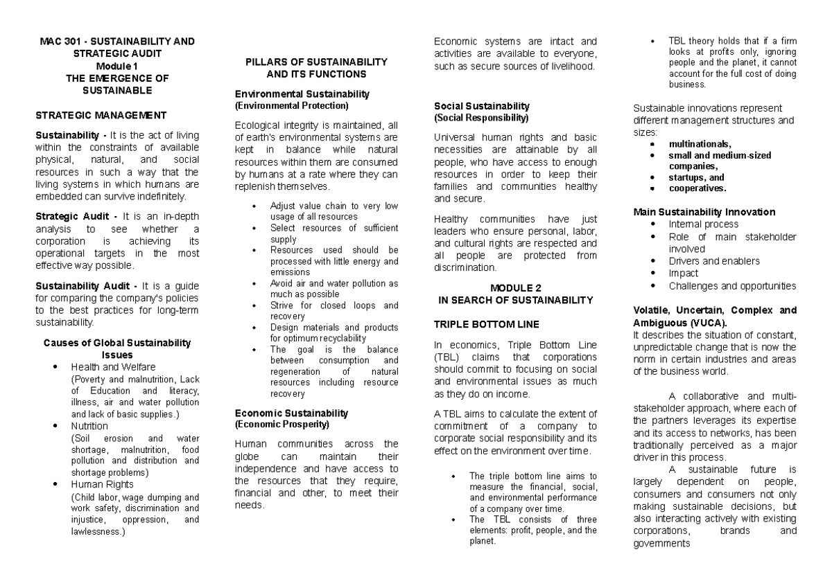 MAC 301 Reviewer - MAC 301 - SUSTAINABILITY AND STRATEGIC AUDIT Module ...