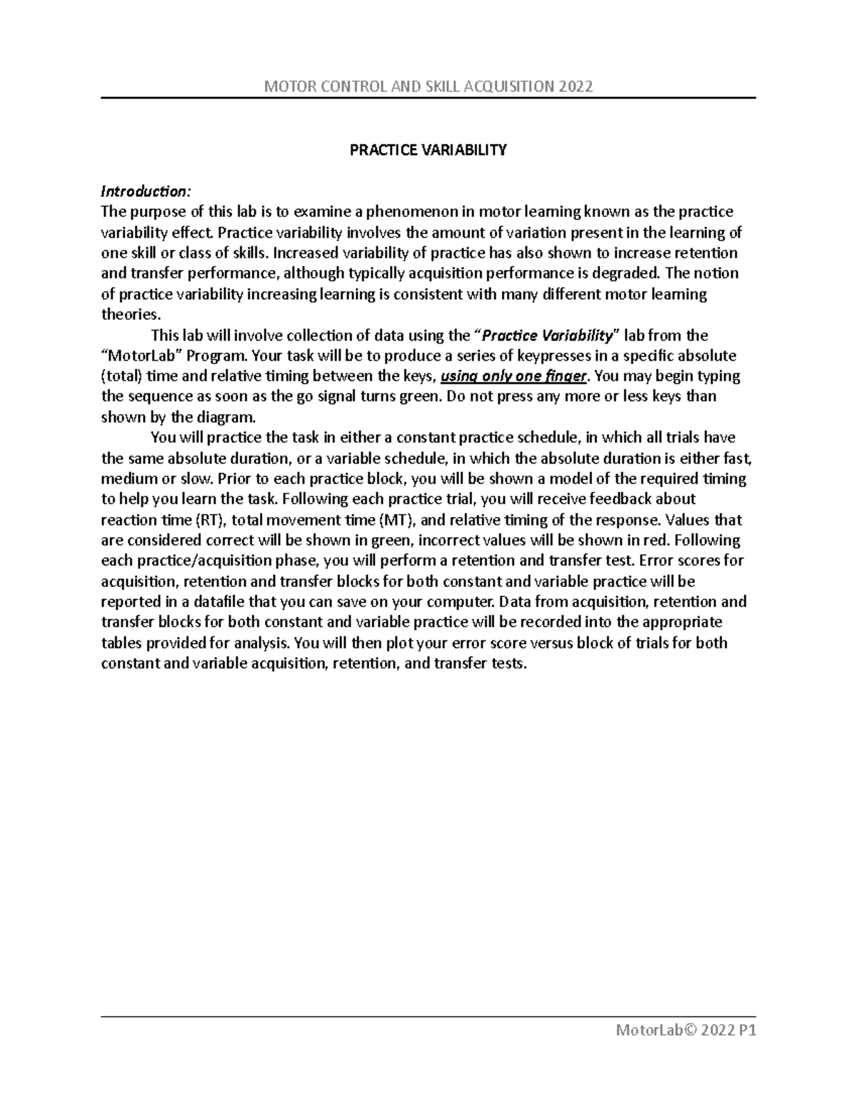 Practice Variability - Lab Activity - MOTOR CONTROL AND SKILL ACQUISITION 2022 PRACTICE ...