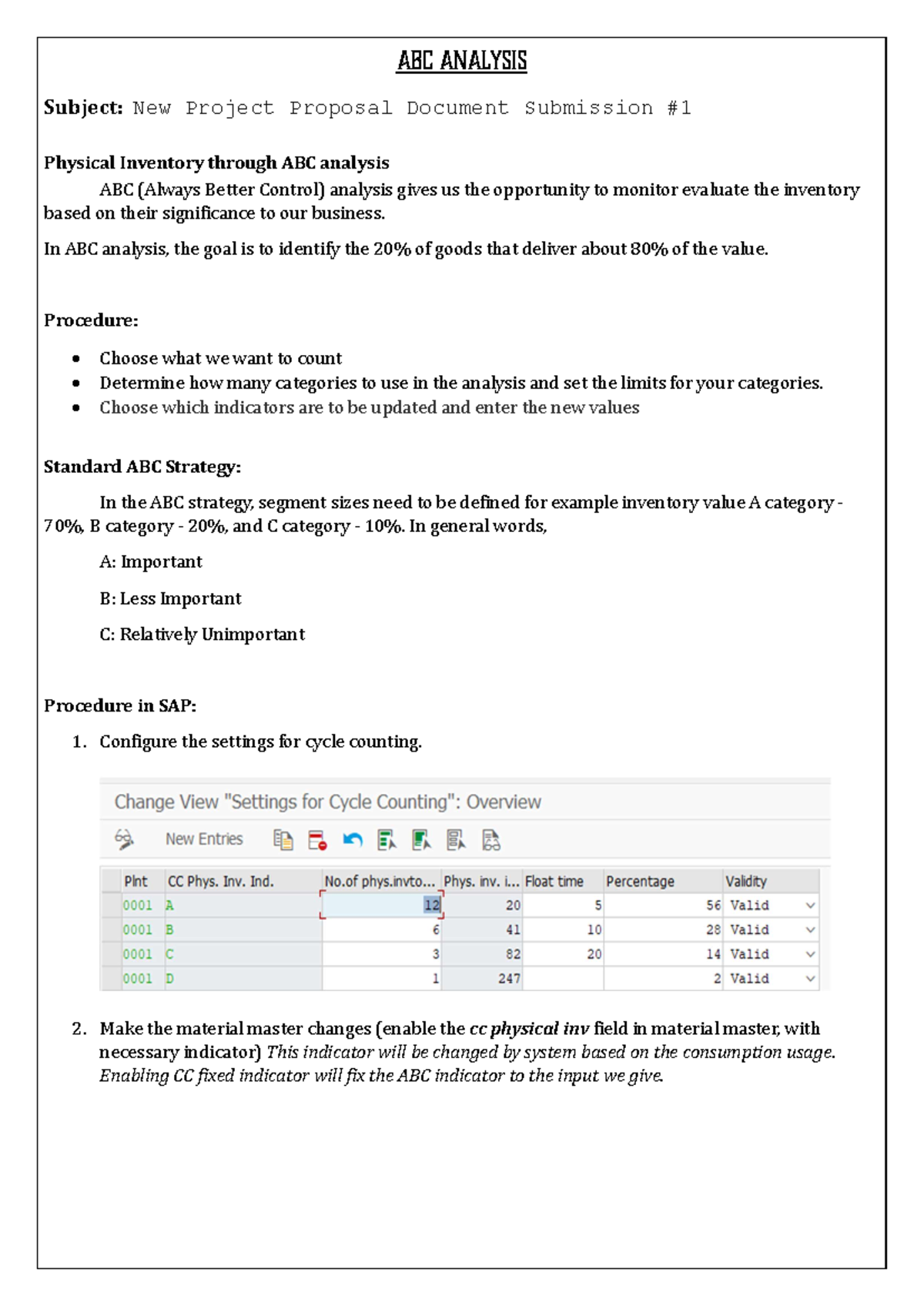 SAP - ABC analysis - ABC analysis Subject: New Project Proposal ...