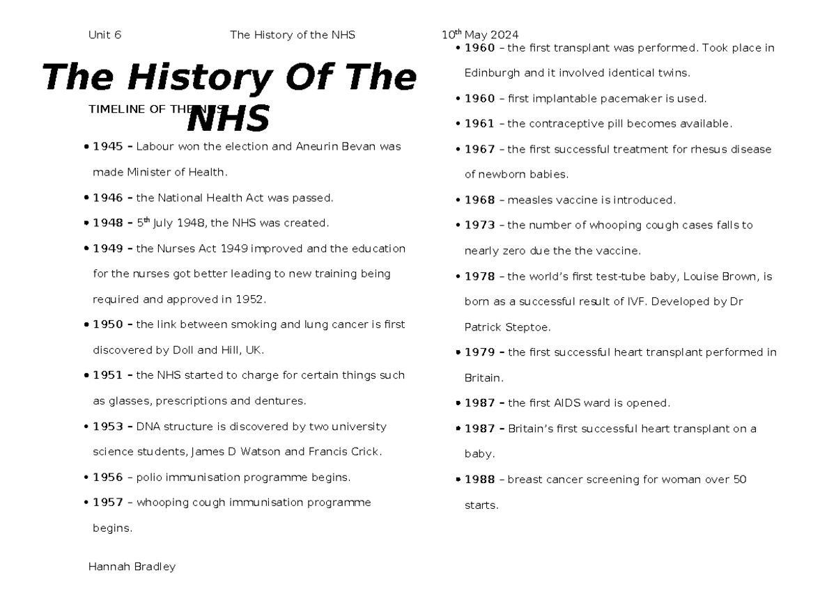 Unit 6 - Timeline of the NHS History - TIMELINE OF THE NHS 1945 ...