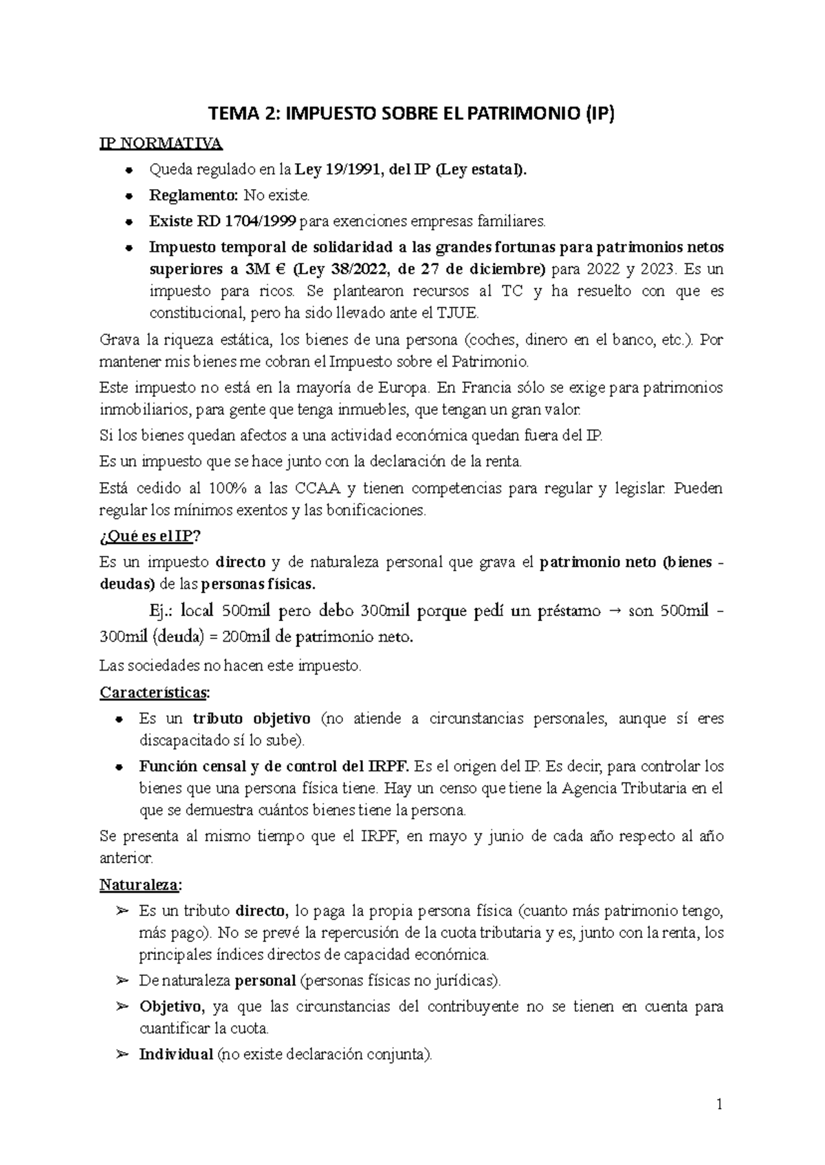 TEMA 2 IP, ISD e ITPADJ - TEMA 2: IMPUESTO SOBRE EL PATRIMONIO (IP) IP NORMATIVA Queda regulado ...