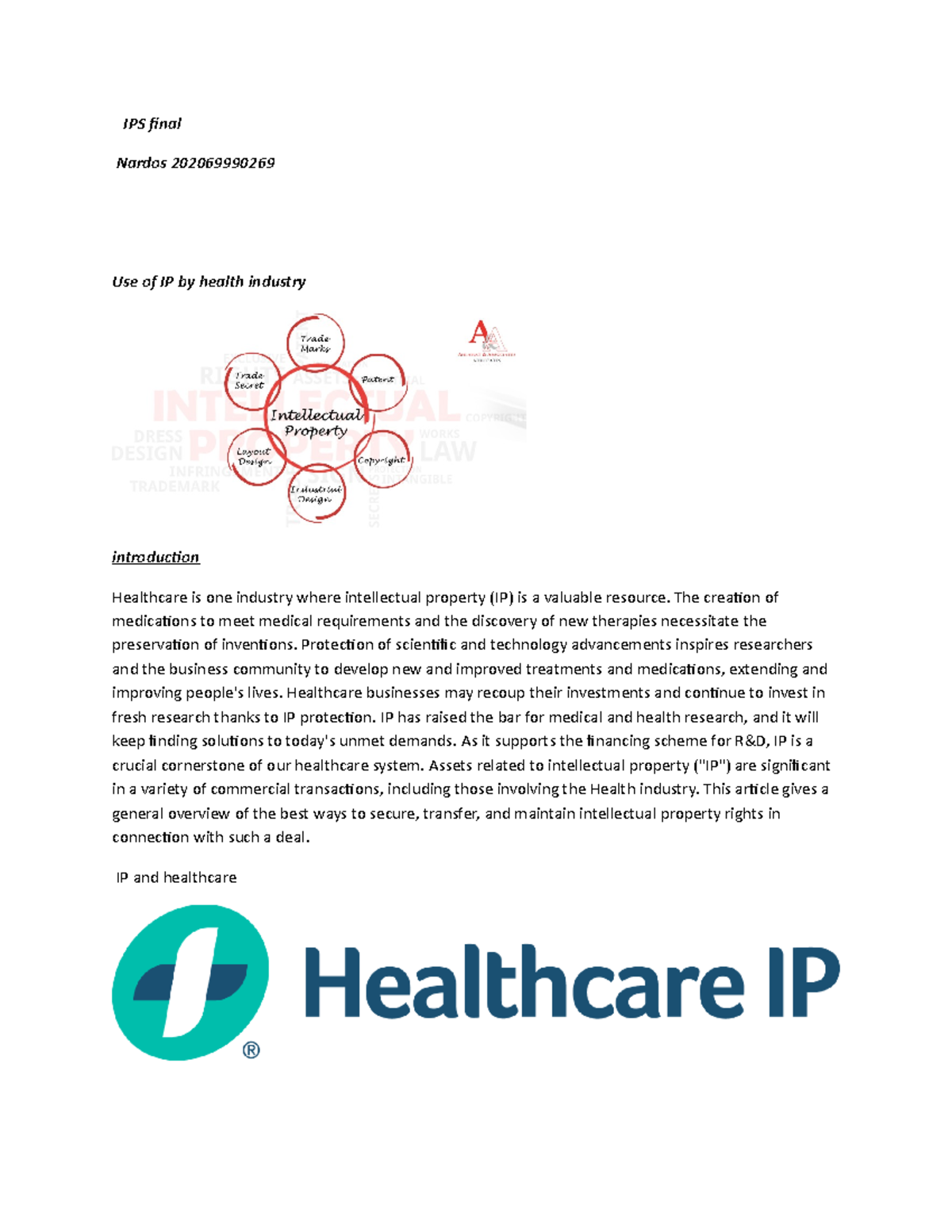 Nardos 202069990269 IPS final - IPS final Nardos 202069990269 Use of IP by health industry - Studocu