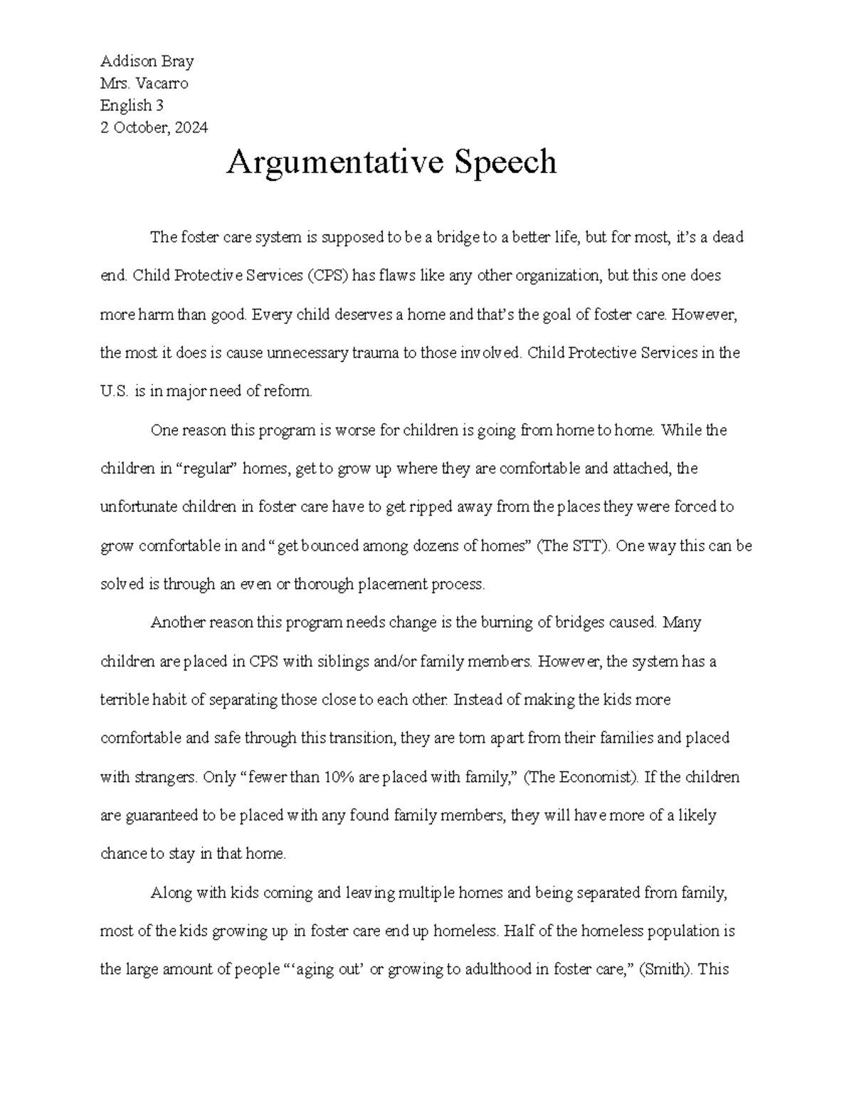 Argumentative Speech - Addison Bray Mrs. Vacarro English 3 2 October ...
