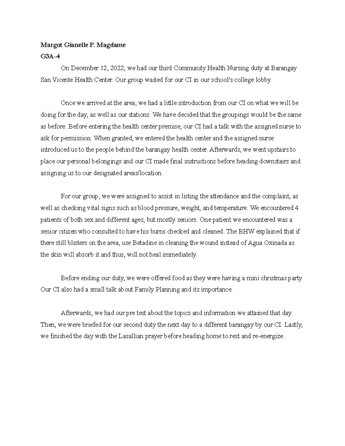 CHN Duty Diary Journal - Margot Gianelle P. Magdame G3A- On December 12 ...