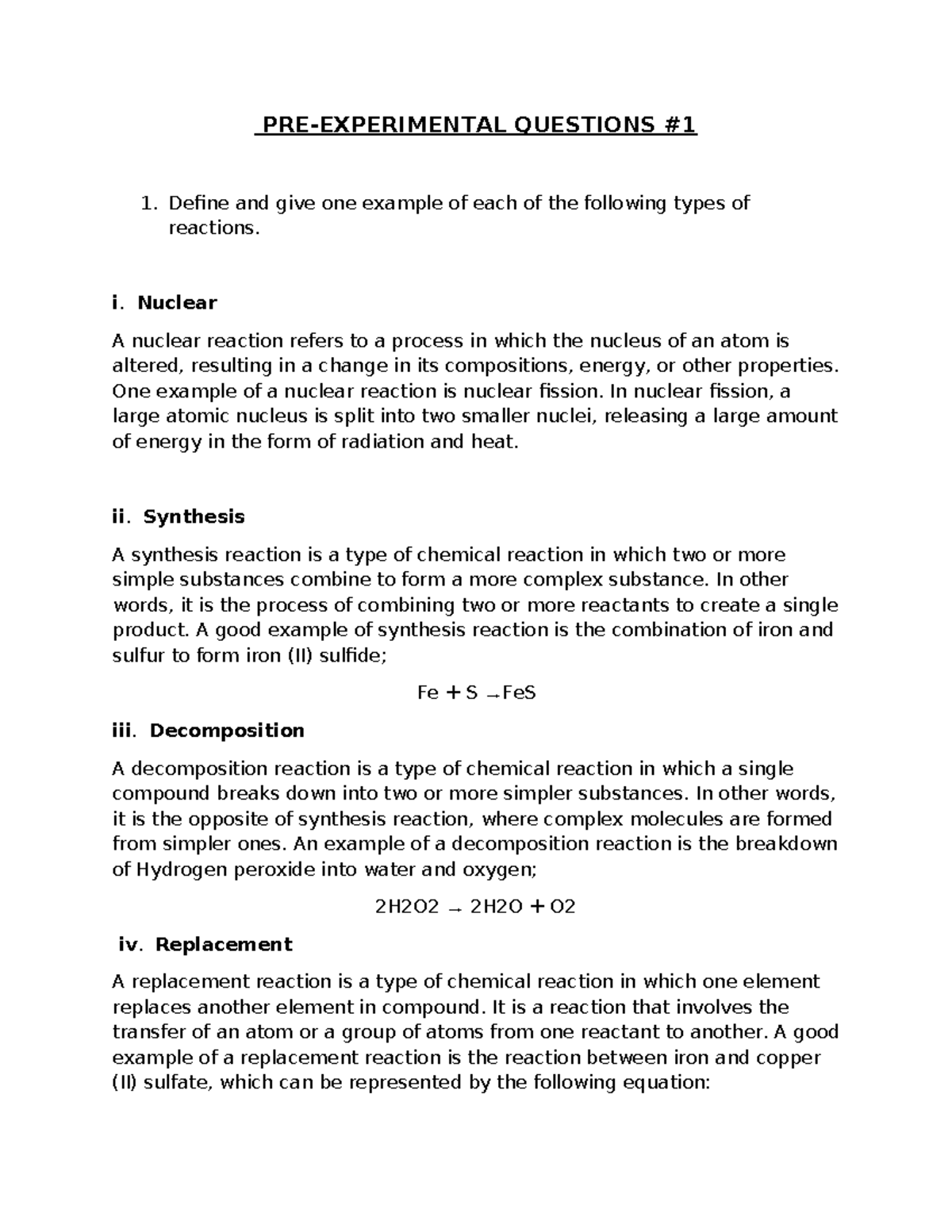 PRE- Experimental Questions - PRE-EXPERIMENTAL QUESTIONS Define and give one example of each of ...