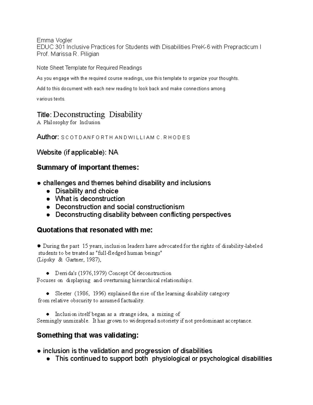 Note Sheet Deconstructing Disability - Emma Vogler EDUC 301 Inclusive ...