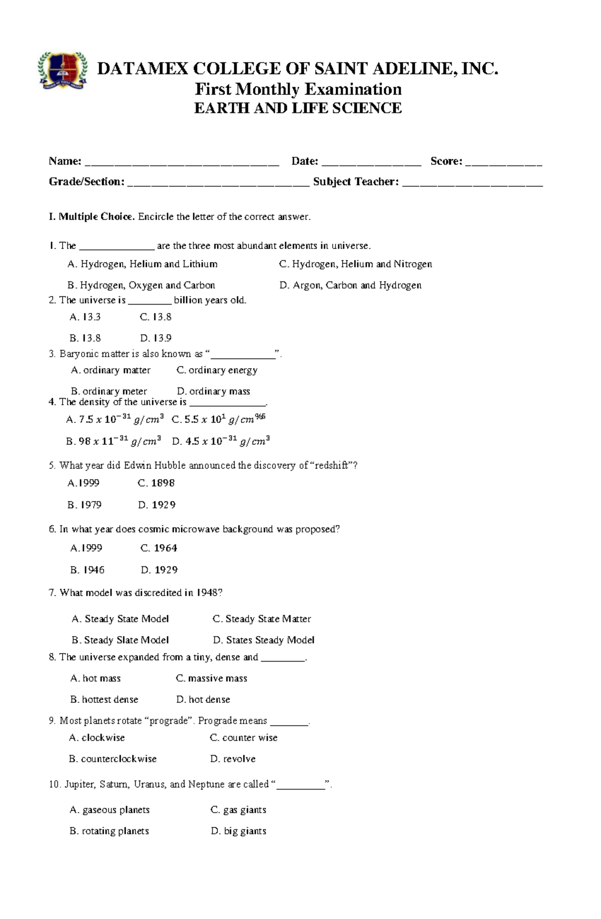 Earth & LIFE - Monthly EXAM - DATAMEX COLLEGE OF SAINT ADELINE, INC ...