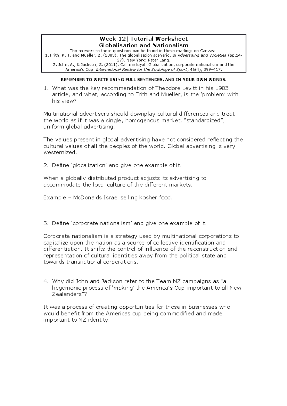 Comms 104 G Worksheet for Week 12 Tutorial - Week 12| Tutorial Worksheet Globalisation and - Studocu