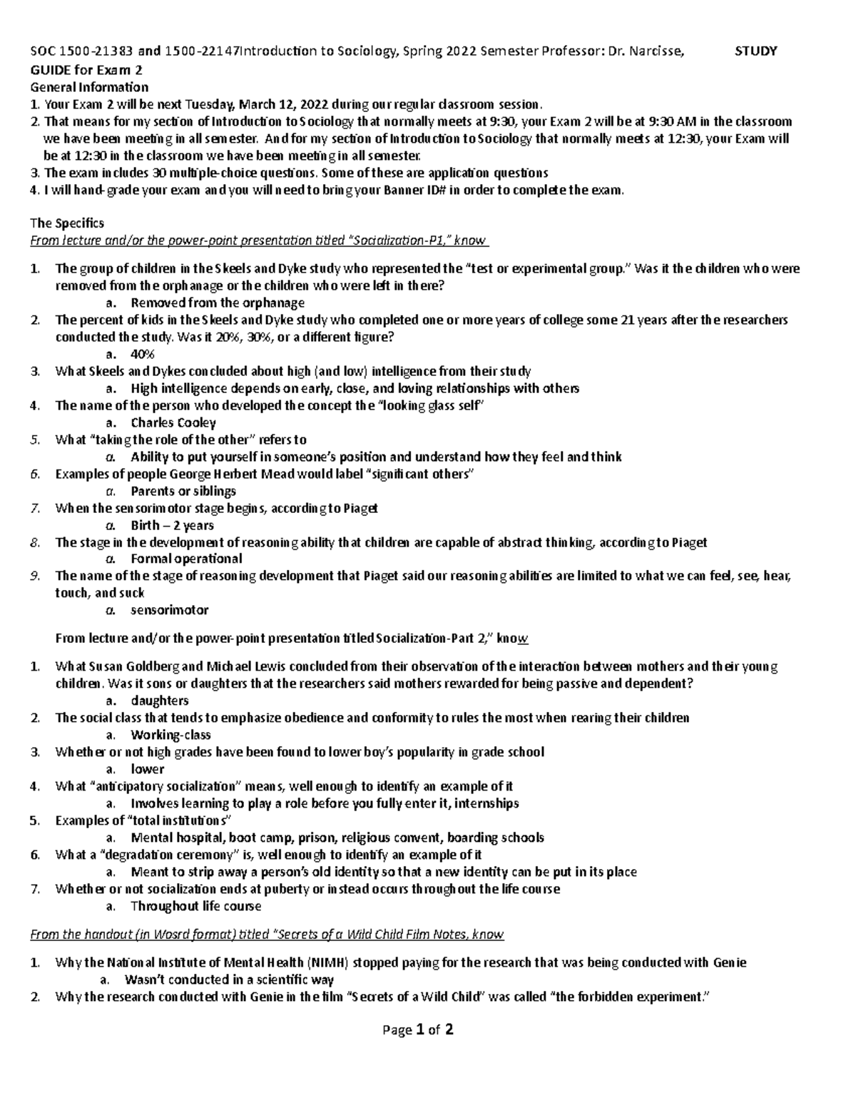 Soc exam2 study guide - SOC 1500-21383 and 1500-22147Introduction to ...