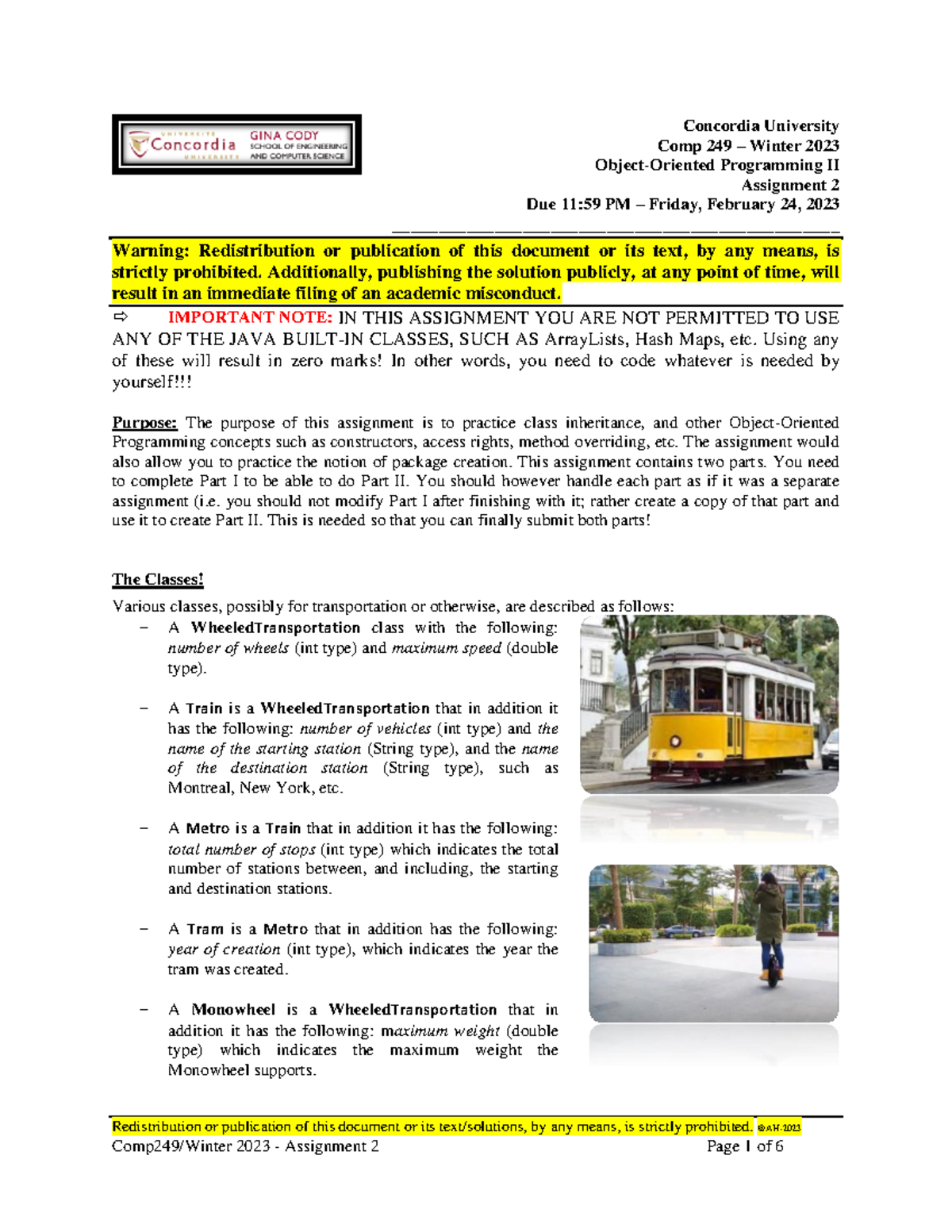 Comp249 W23 Assg2 - Assingment #2 - Redistribution or publication of this document or its - Studocu