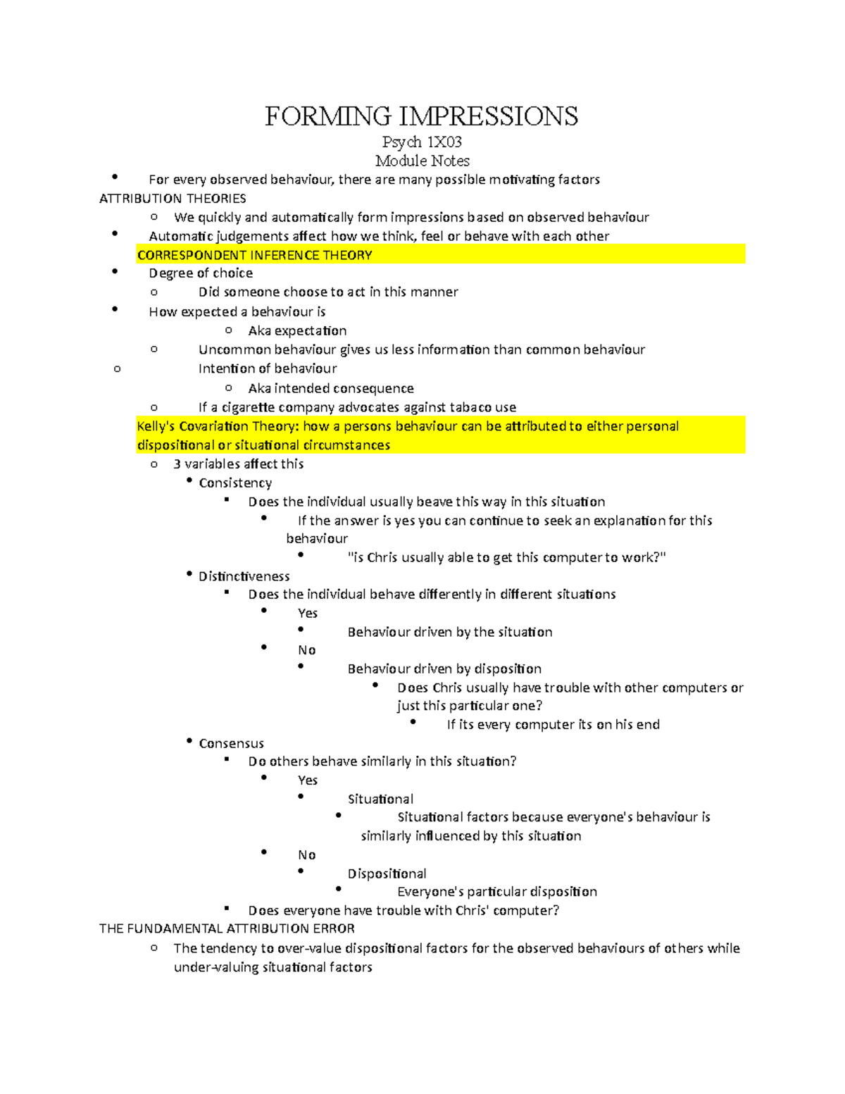 Forming Impressions - Lecture notes 10 - FORMING IMPRESSIONS Psych 1X ...