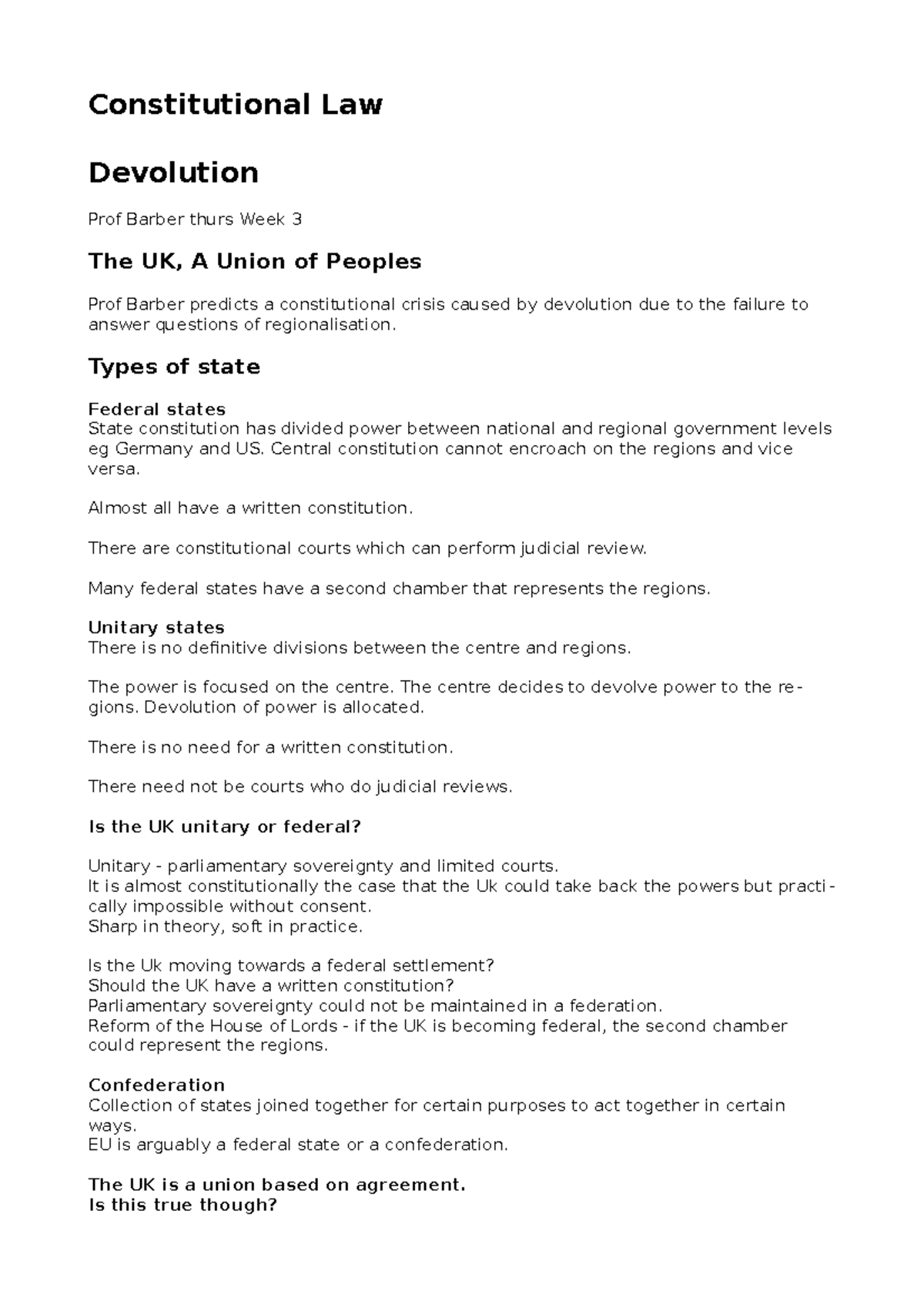 Week 3 devolution - Summary Constitutional Law - Constitutional Law Devolution Prof Barber thurs ...